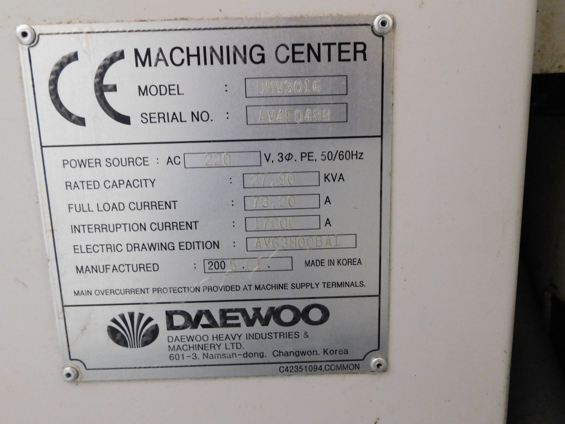 Daewoo Model DMV-3016 CNC Vertical Machining Center, s/n AV4C0488, New ...