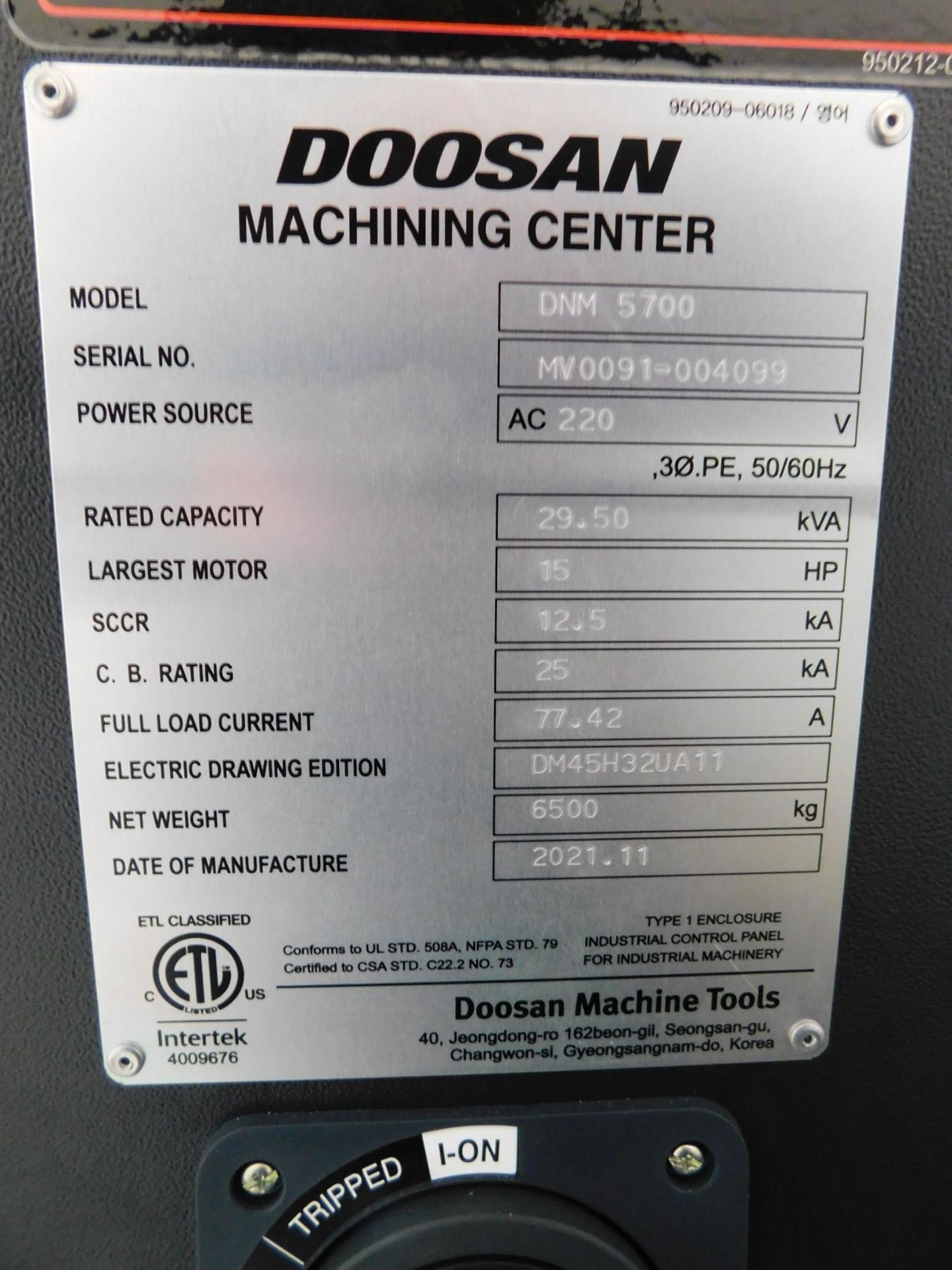 Doosan Model DNM-5700 CNC Vertical Machining Center, s/n MV0091-004099 ...