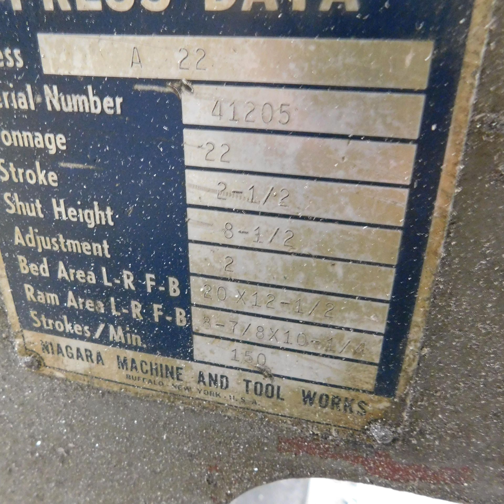Niagara Model A22 OBI Punch Press, s/n 41205, 22 Ton, 2 1/2" Stroke, 8 ...