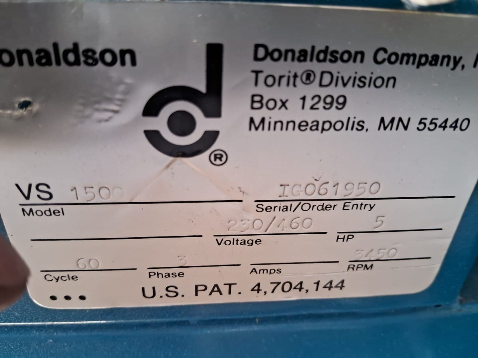 Torit Donaldson model VS1500 dust collector, 5HP, 3 phase, 60 cycles ...