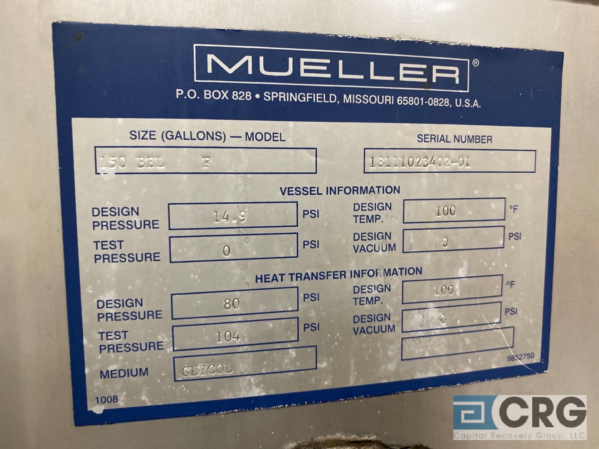 2012 Mueller 150 BBL Jacketed Dish Bottom Stainless Steel Brite Tank ...
