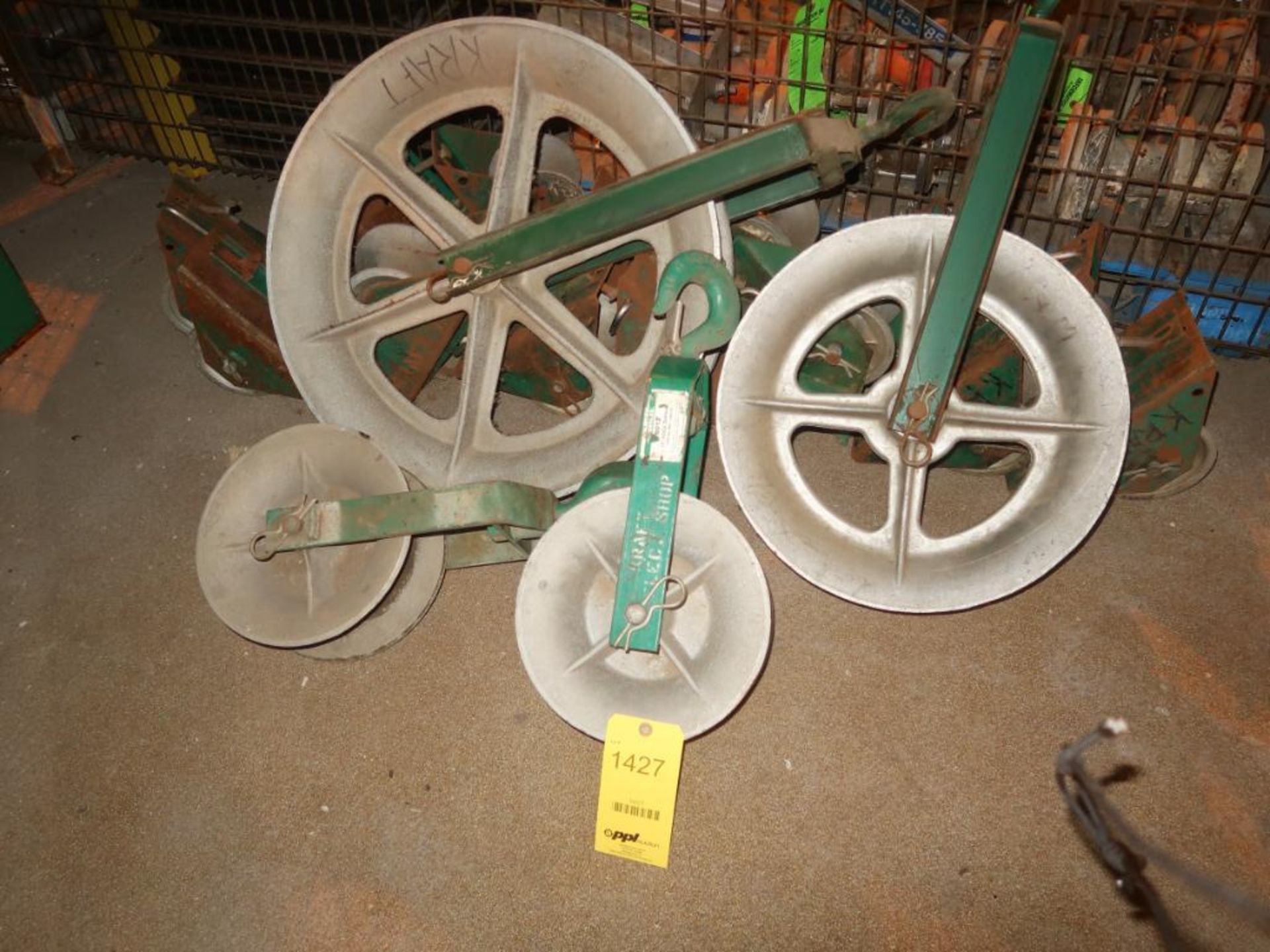 Lot of Greenlee hanging cable reels with(2) boxes [LOC: Pulp Mill Cage ...