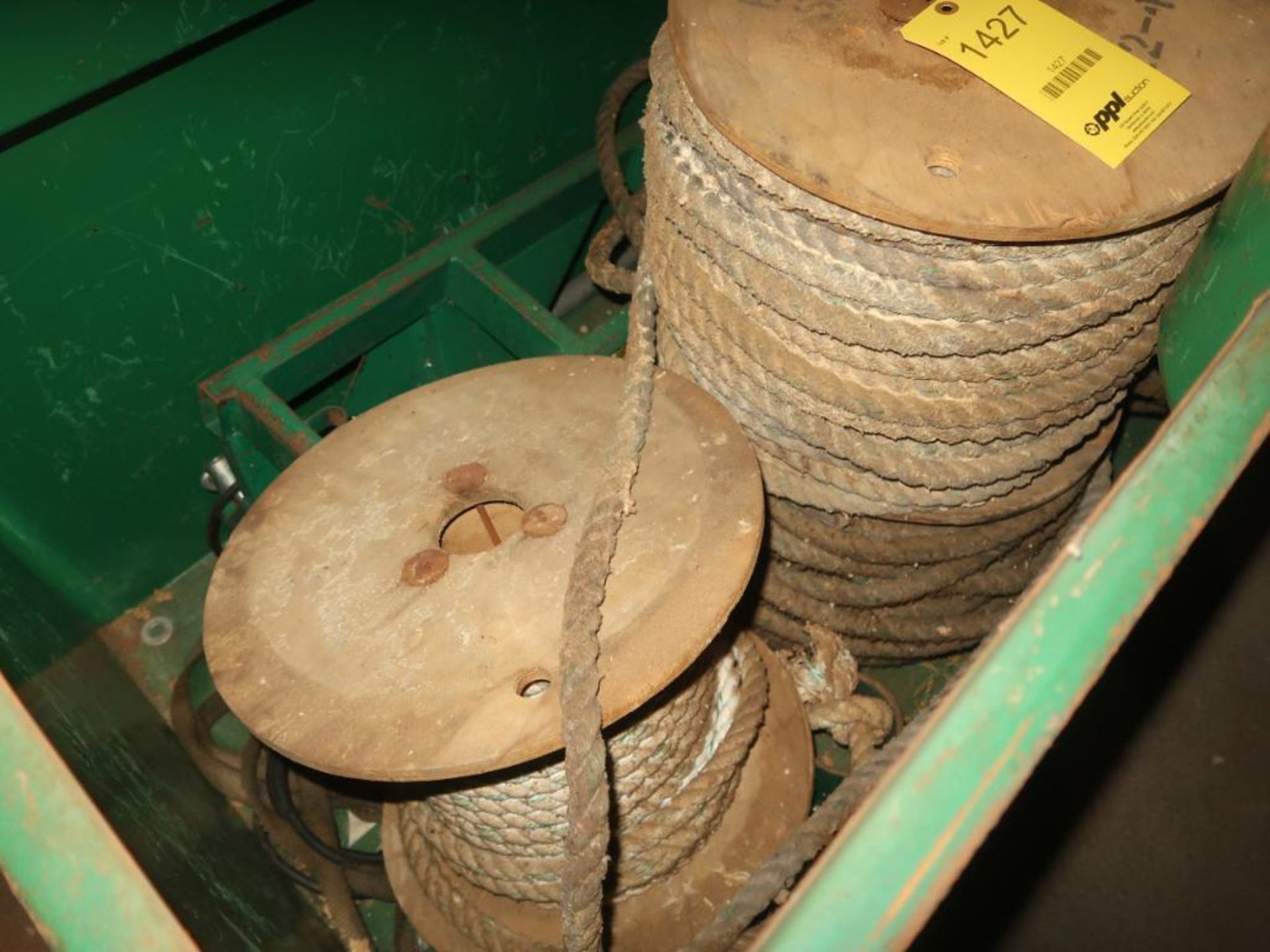 Lot of Greenlee hanging cable reels with(2) boxes [LOC: Pulp Mill Cage ...