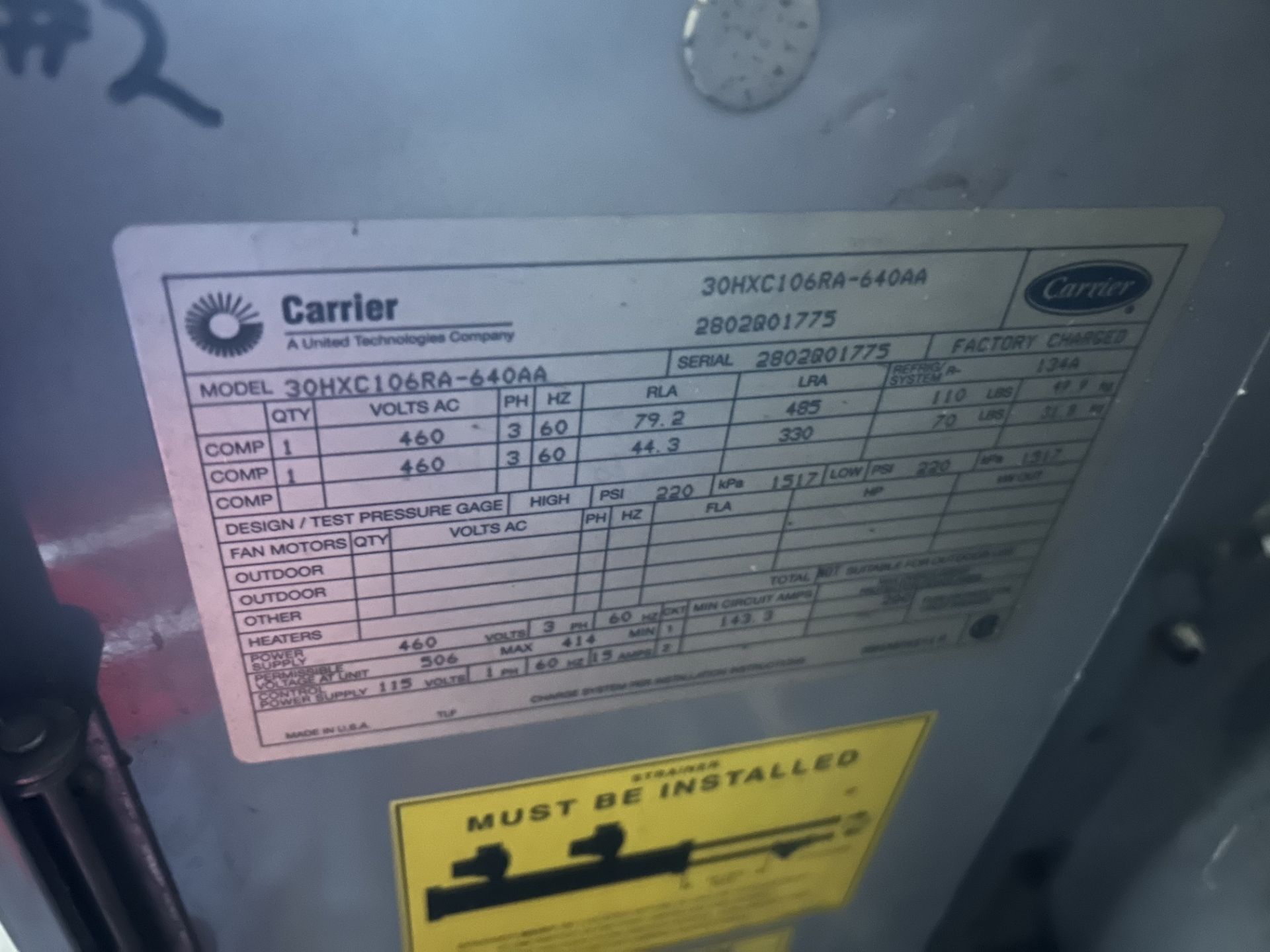 Carrier model 30 HXC 106RA-640AA liquid chiller; s/n 2802Q01775; 3/60/460v;