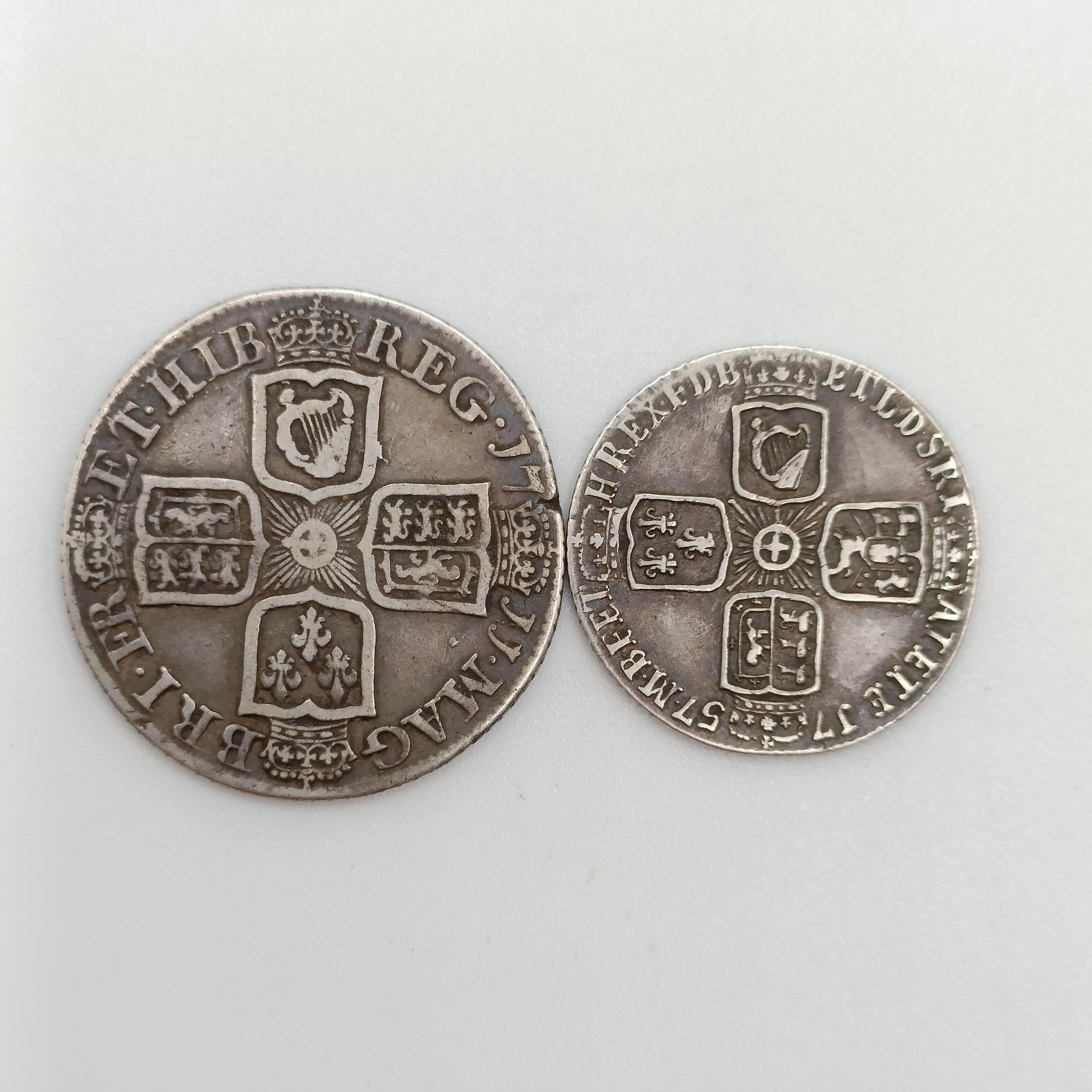 A Queen Anne shilling, 1711, and a George II sixpence, 1757