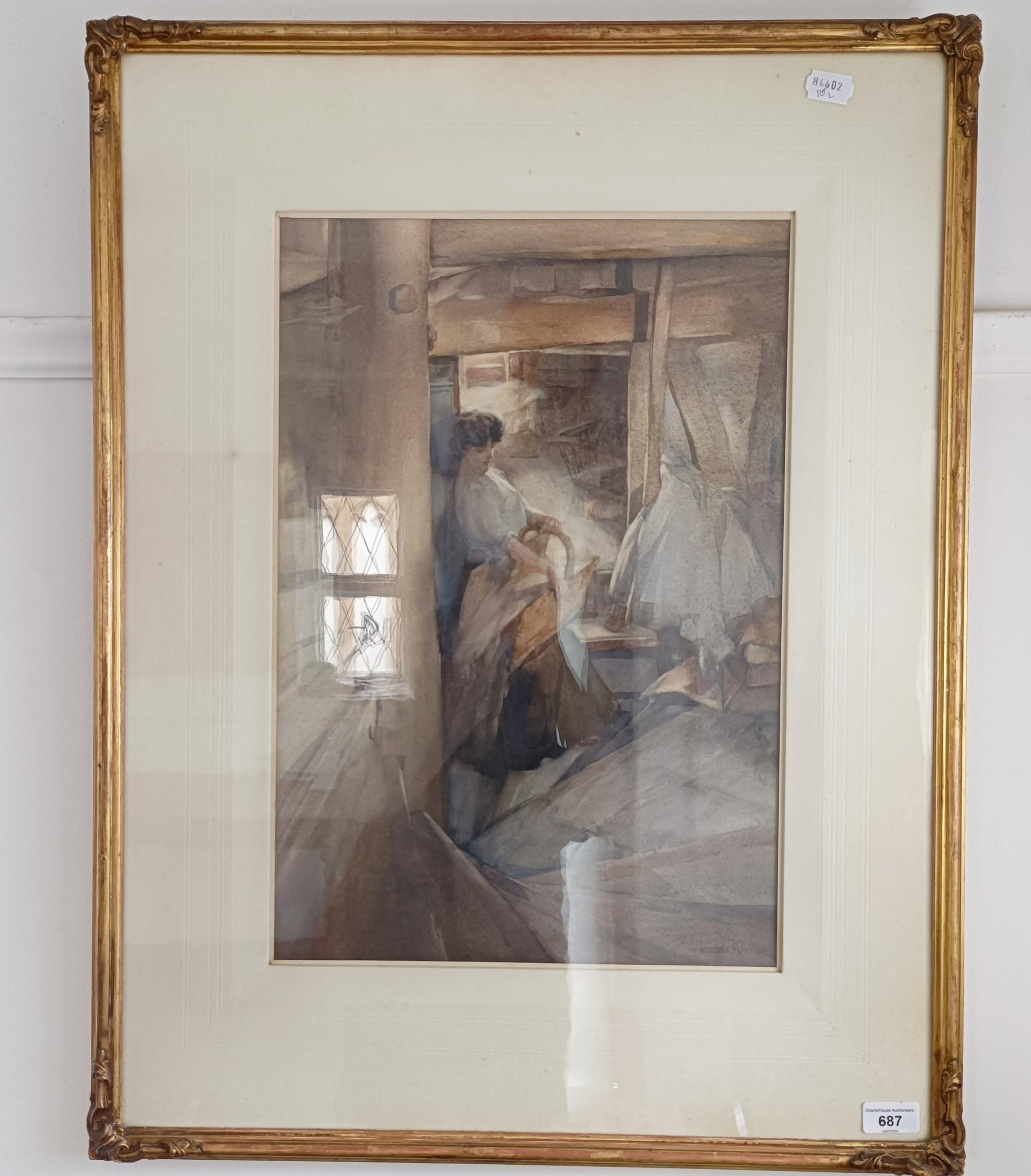 William Russell-Flint RA (British 1880-1969), A lady on a stairway ...