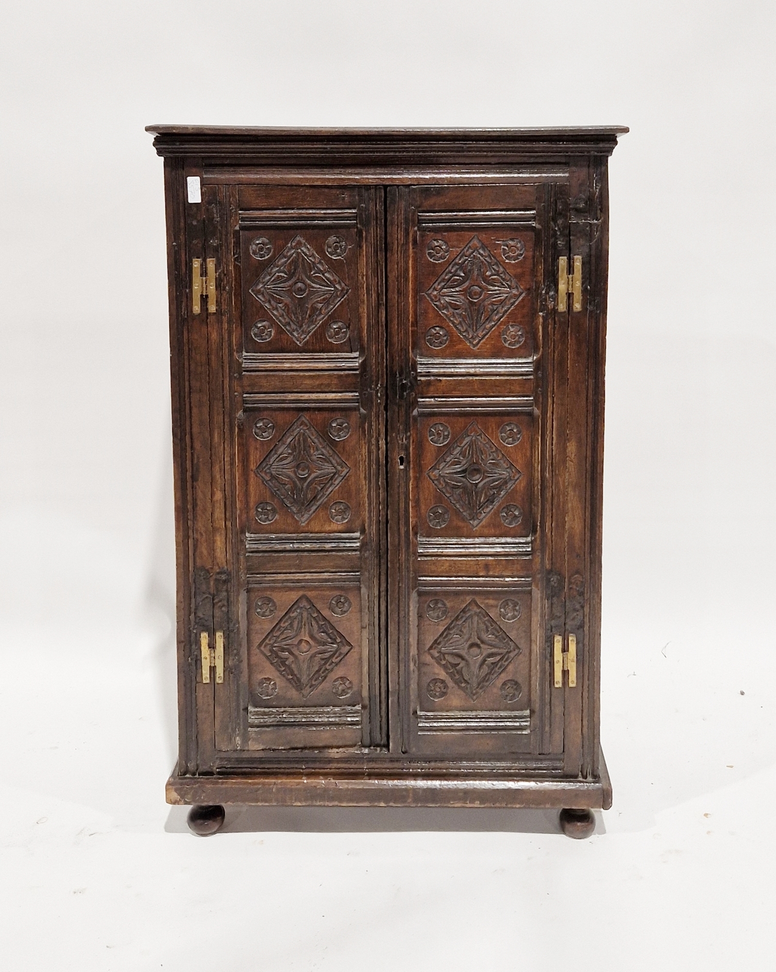 Antique oak side cabinet having two shelves enclosed by pair framed ...
