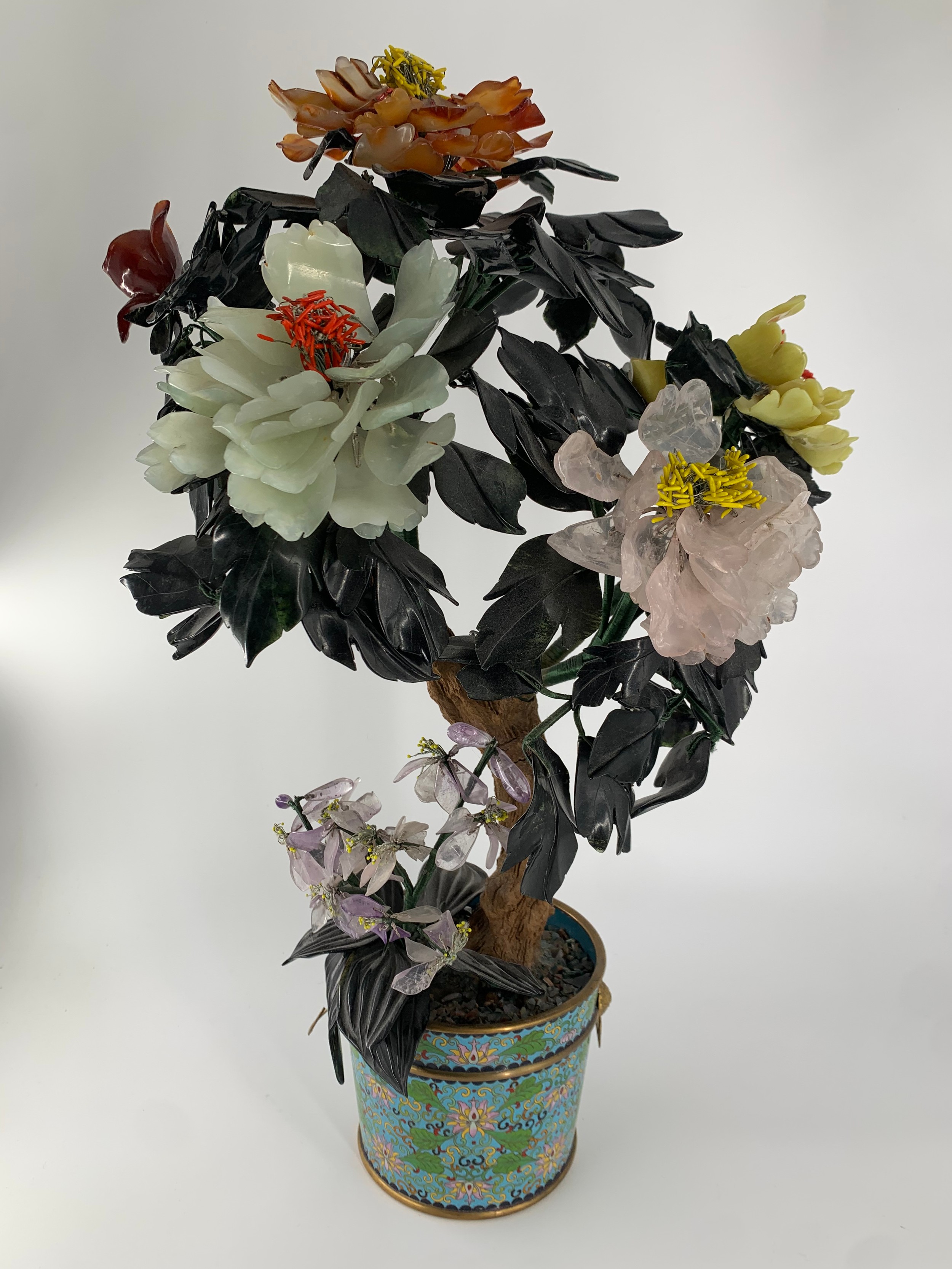 A large jade and hardstone model of a bonsai peony tree in cloisonne ...