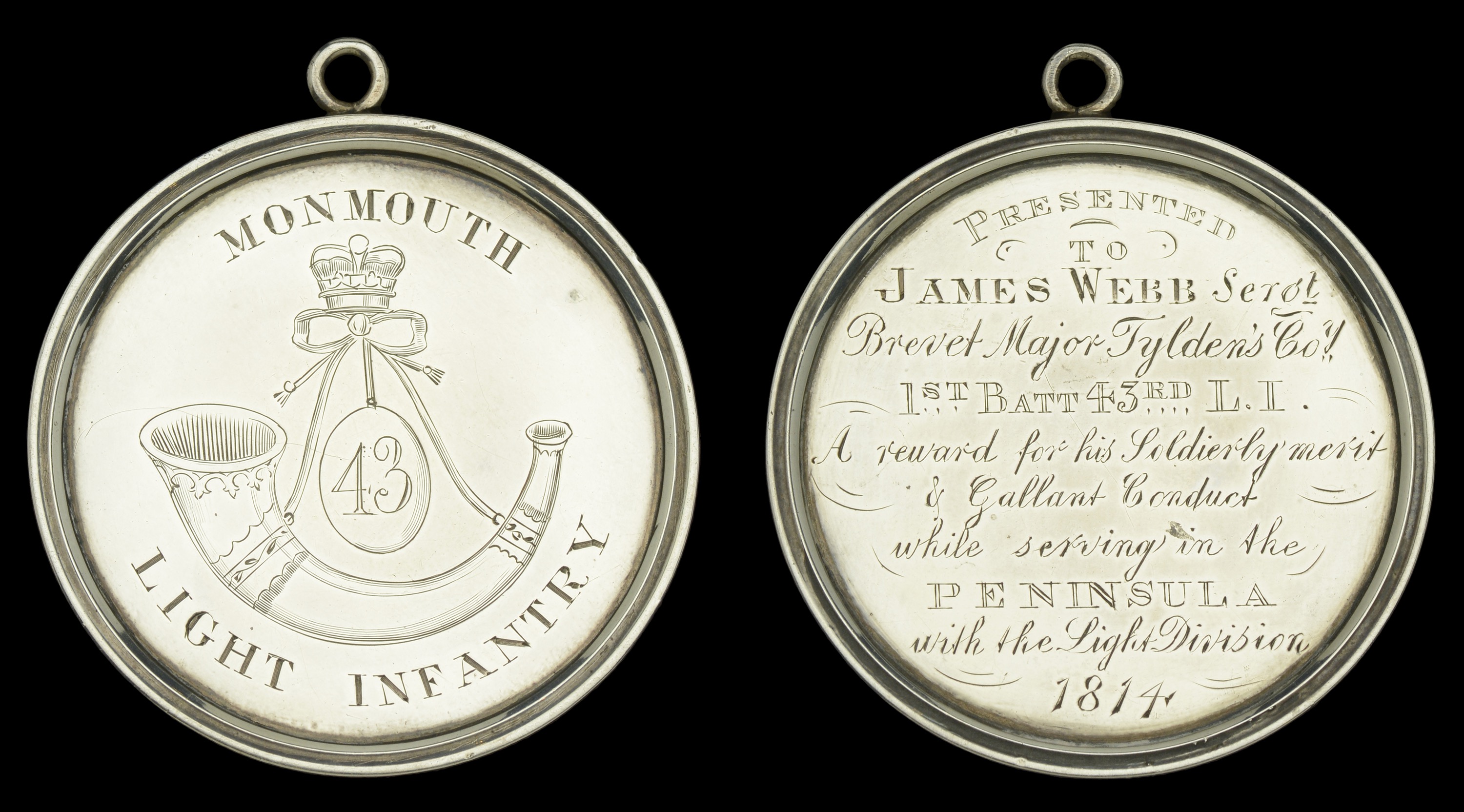 43rd Monmouth Light Infantry Medal, obv. engraved, ‘a crown with ...