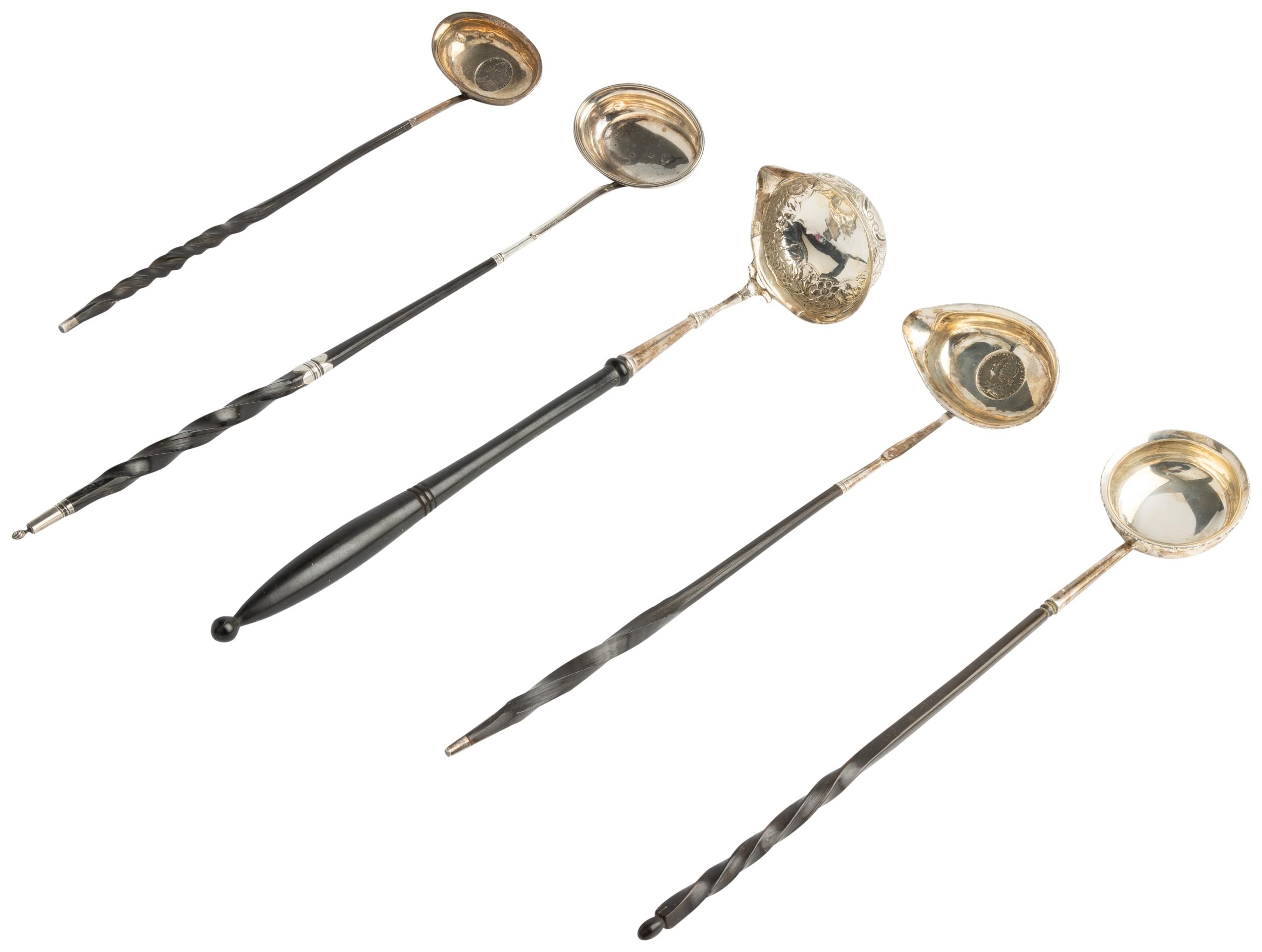 FIVE BALEEN HANDLE GEORGIAN PUNCH LADLES, LONDON C.1800. 33 cm to 42 cm.