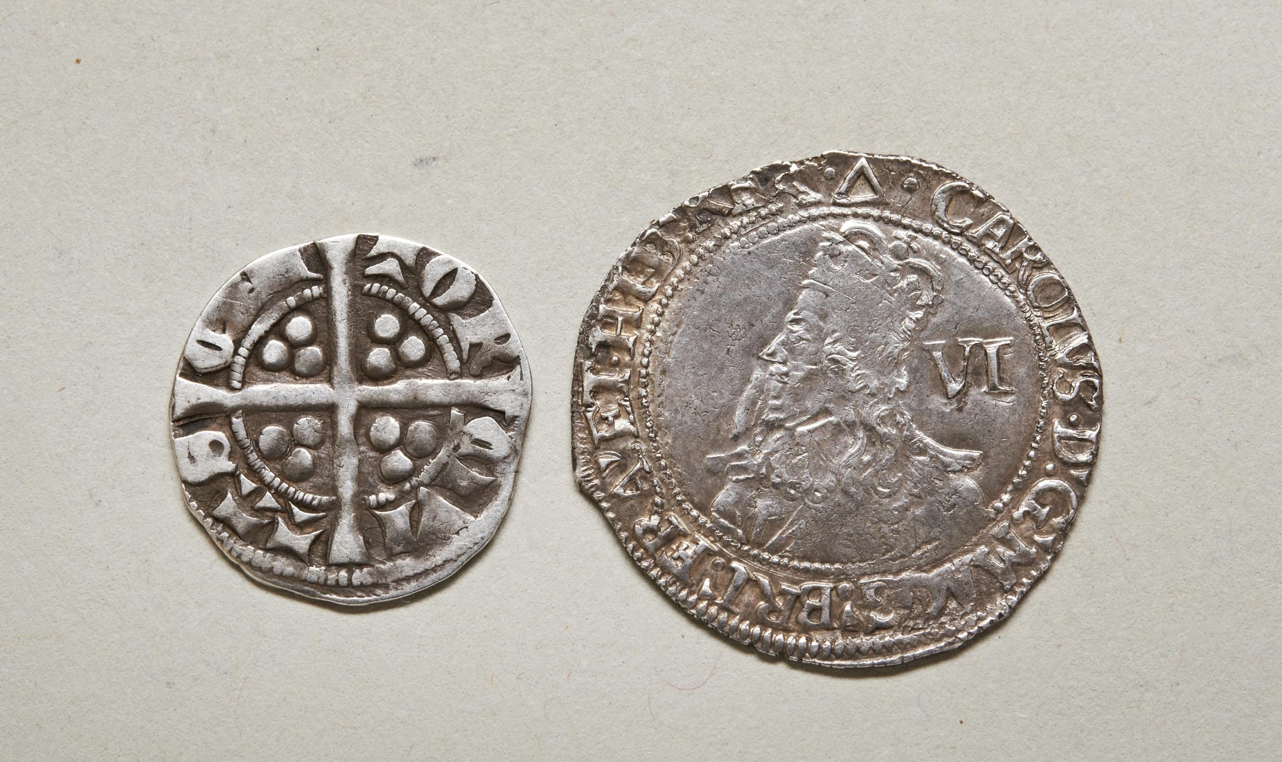 A CHARLES I TOWER SIXPENCE WITH TRIANGLE MINT MARK and an Edward i ...