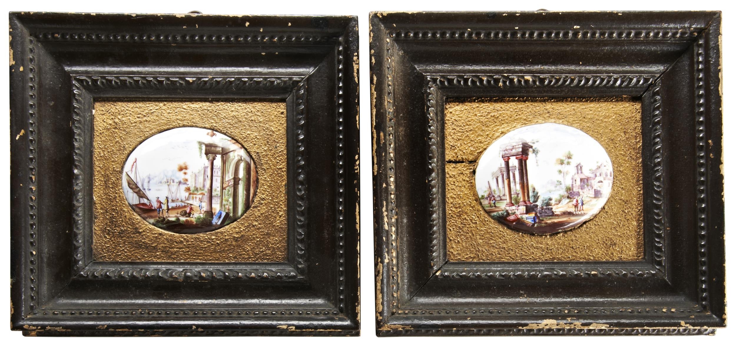 A PAIR OF CLASSICAL CAPRICCIO OVAL ENAMEL PLAQUES, possibly Bilston ...