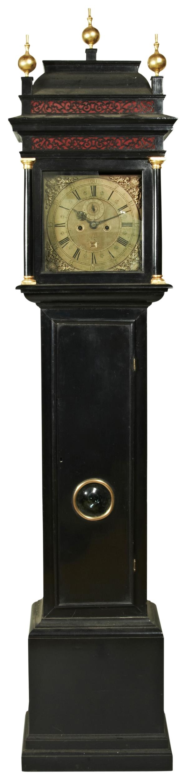AN 8 DAY EBONISED LONGCASE CLOCK 12 inch brass dial signed Geo. Tyler ...