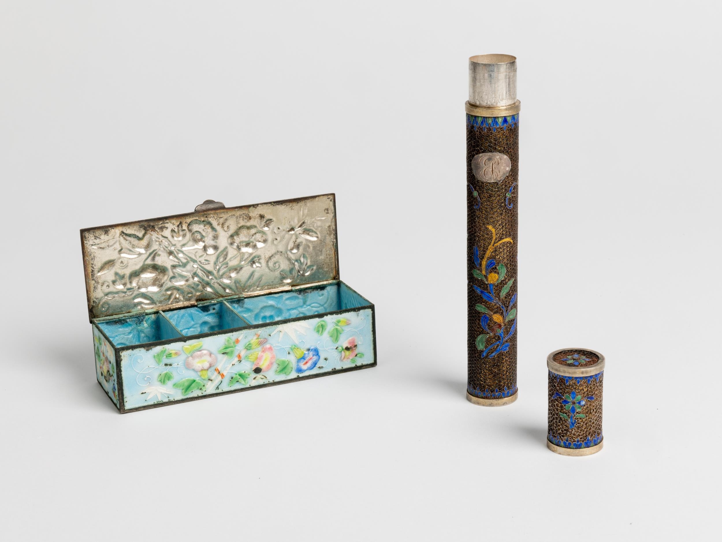 A CHINESE SILVER AND ENAMEL BODKIN CASE LATE QING DYNASTY 15cm long ...
