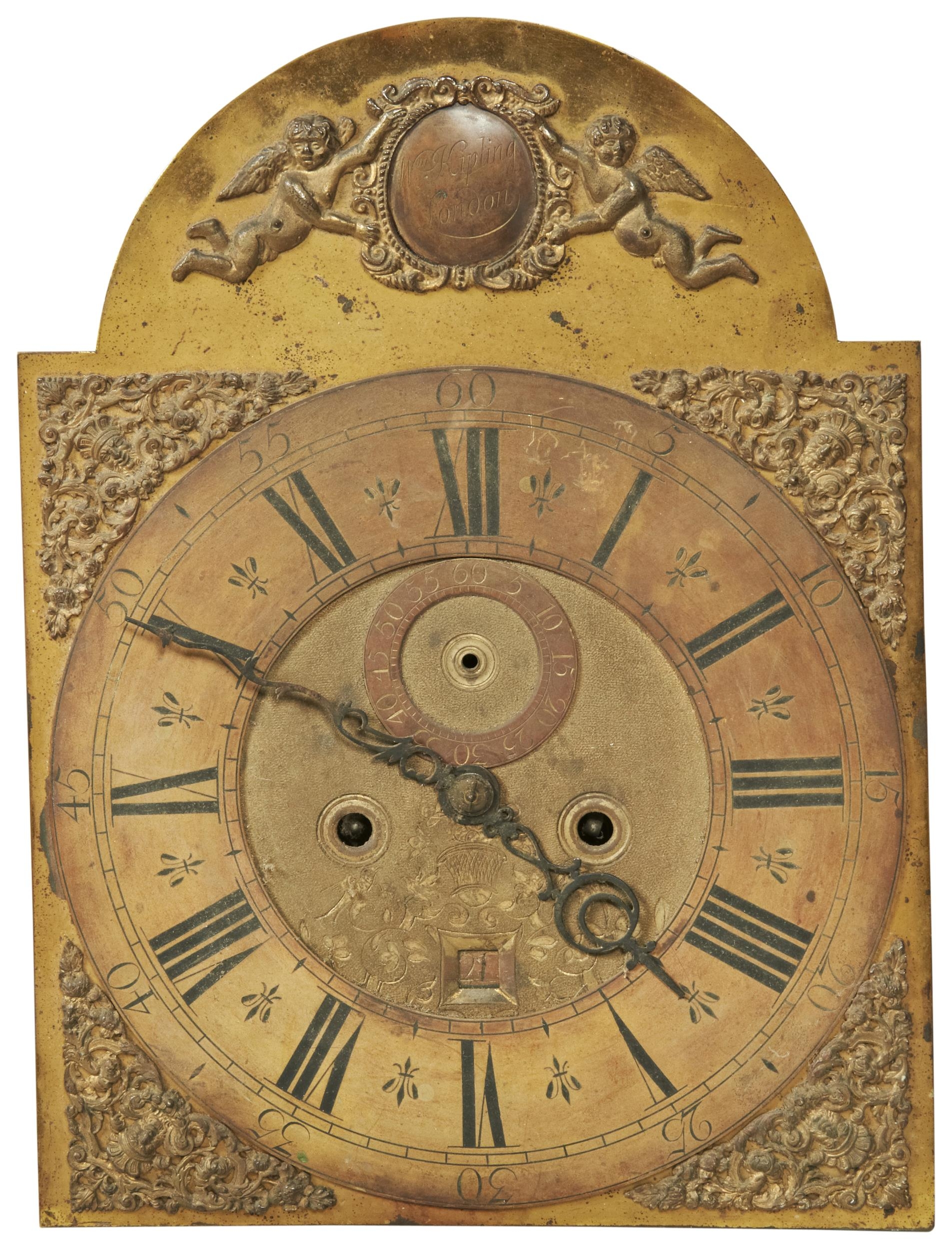 AN 8 DAY LONGCASE MOVEMENT 12 inch brass dial signed Wm Kipling, London ...