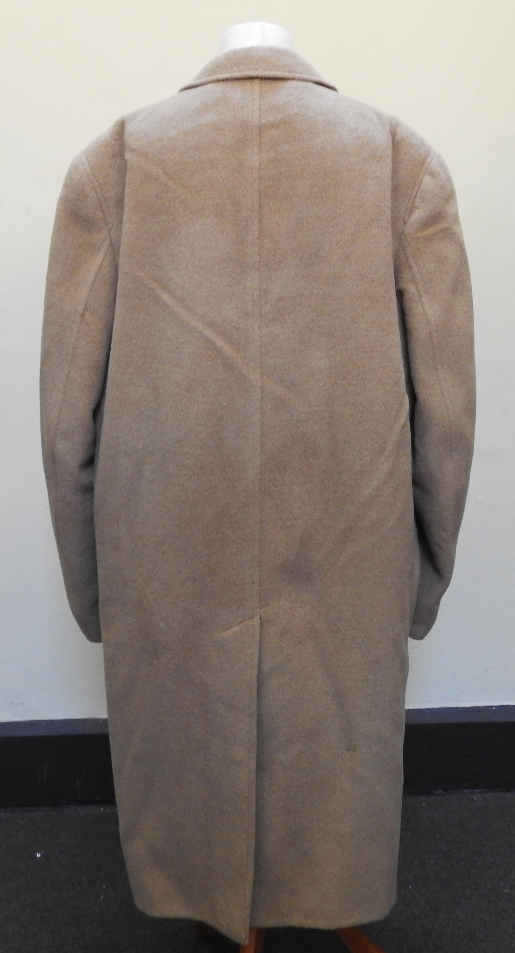 A VINTAGE FRENCH SIGRAND CAMEL WOOL OVERCOAT, with gold coloured satin ...
