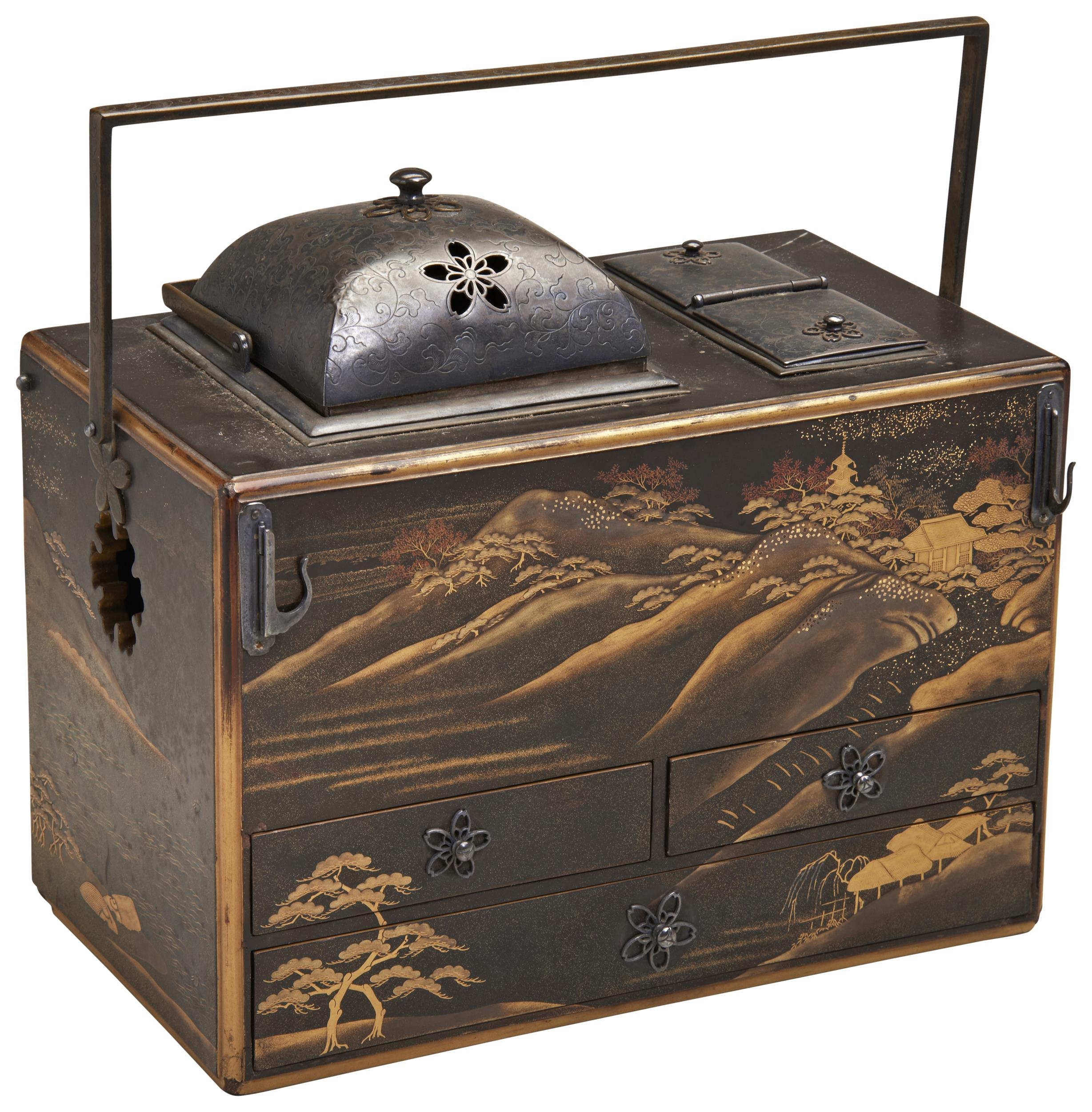 A JAPANESE LACQUER PORTABLE SMOKING SET (TABAKO-BON) MEIJI PERIOD (1868 ...