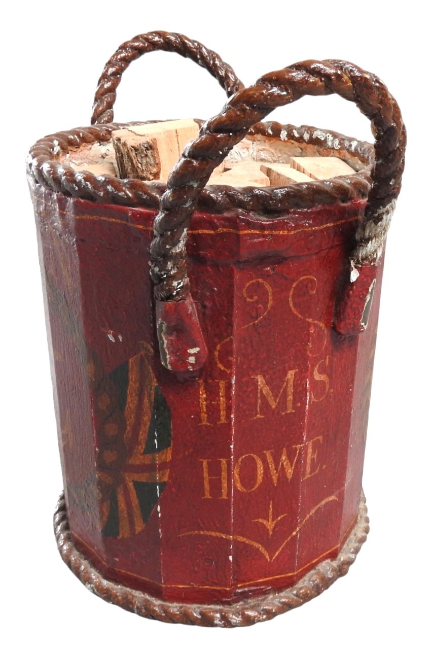 A NAVAL DECORATED FIRE BUCKET, the sides hand painted with a picture of ...