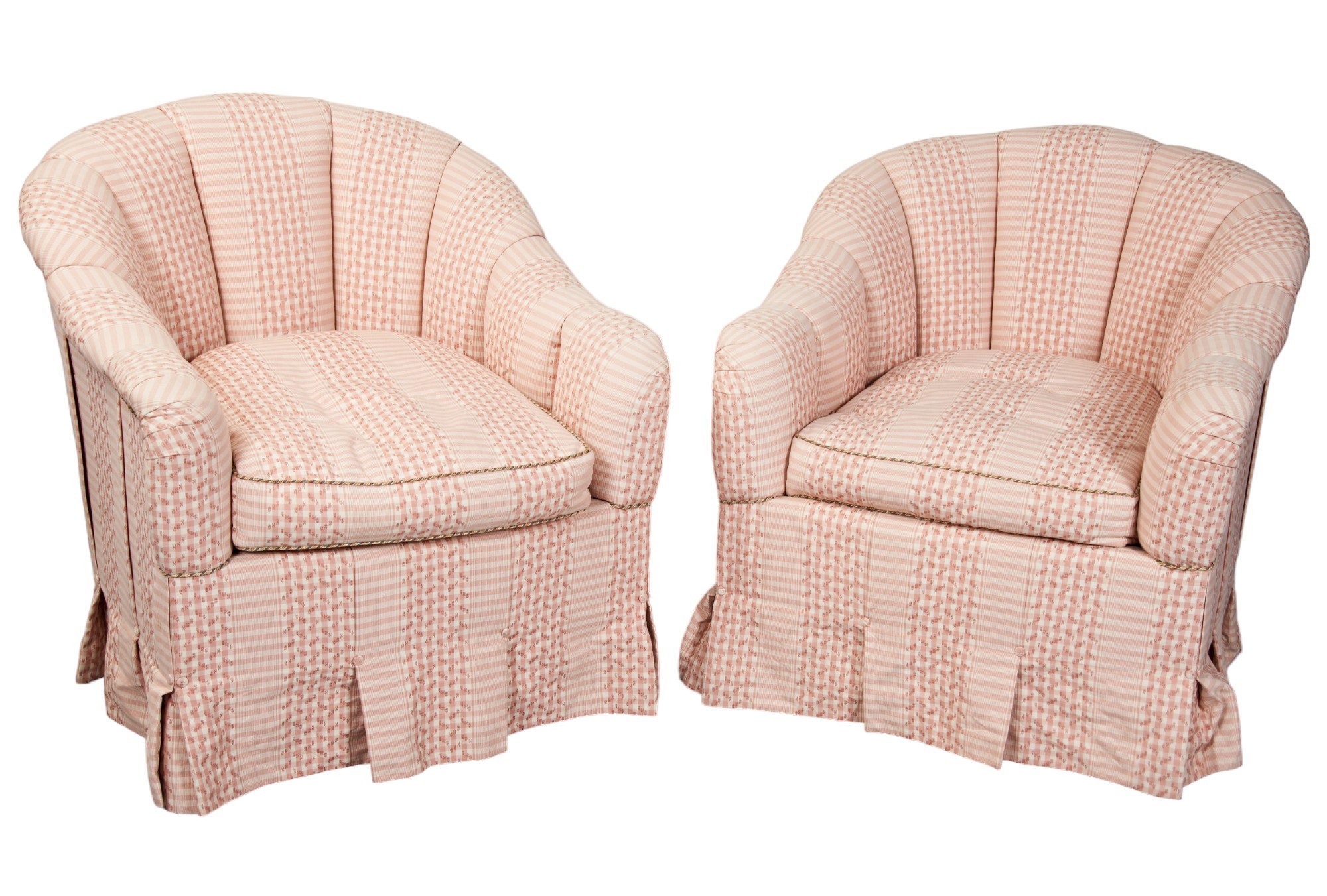 A PAIR OF SHELL BACK DECO TUB CHAIRS, 20TH CENTURY covered in salmon ...