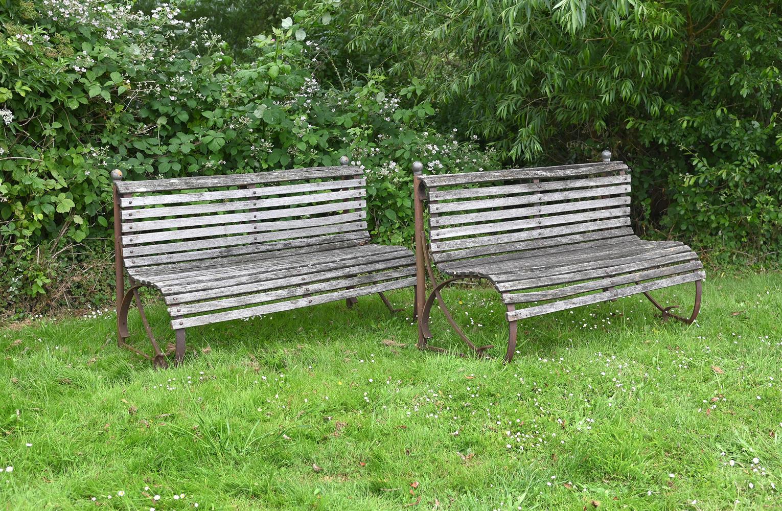 A PAIR OF MULBERRY AT HOME METAL AND SLATTED WOOD GARDEN BENCHES 21ST ...