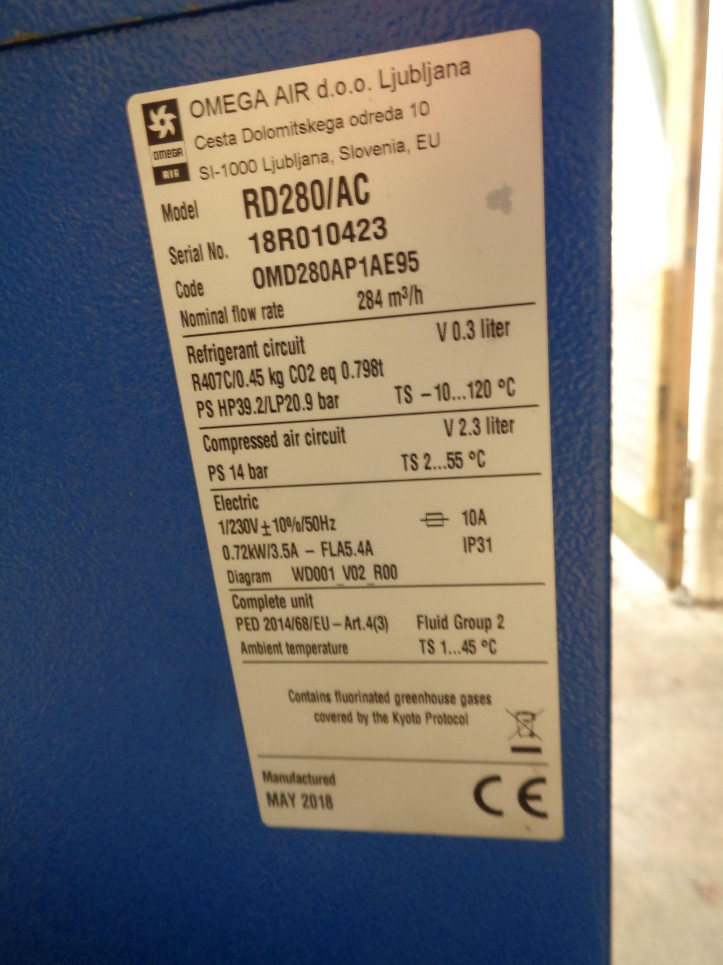 Omega Air RD280/AC air dryer serial no. 18R010423 (2018)