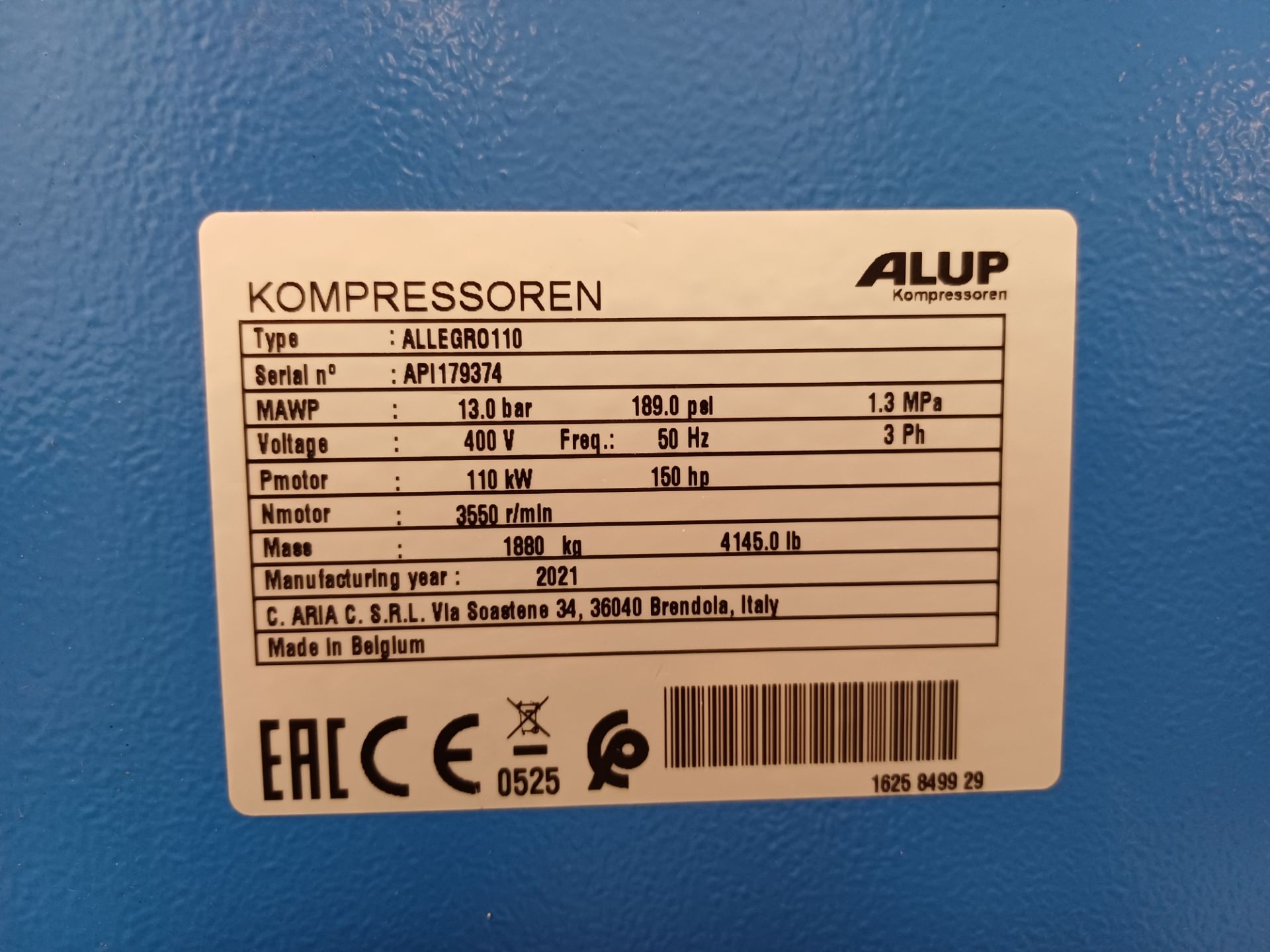 Alup Allegro 110 packaged screw compressor, 13- max wp, s/n API179374 ...