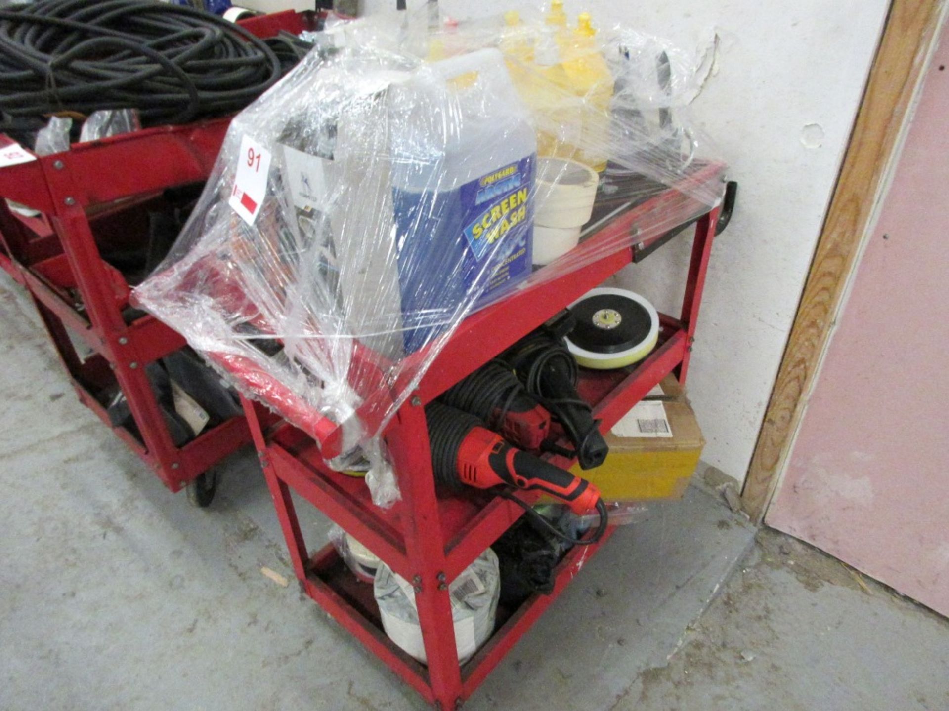 Metal frame 2 shelf trolley with contents including car valeting ...