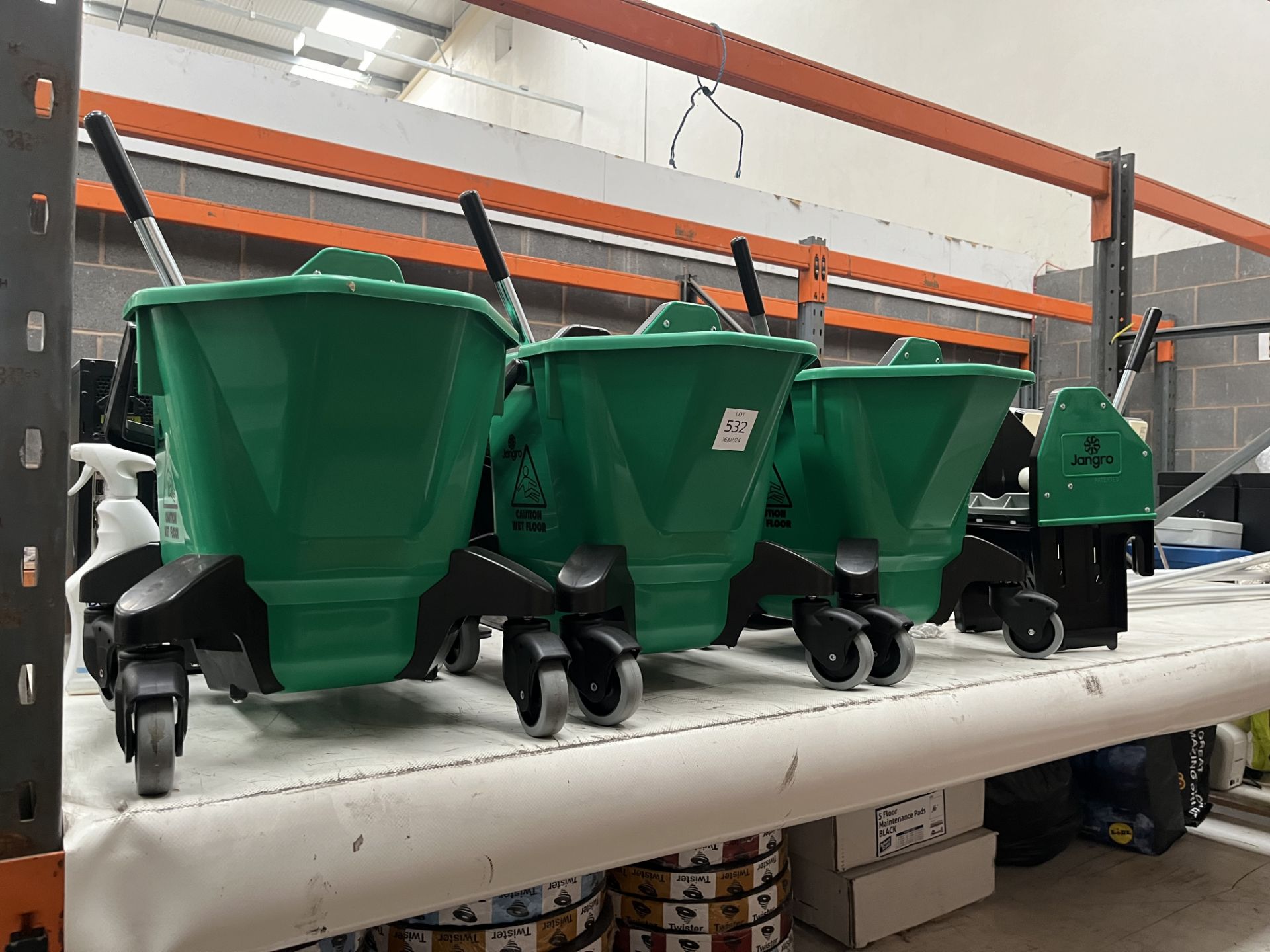 3x Mobile Jangro Mop Buckets and 2x Mops