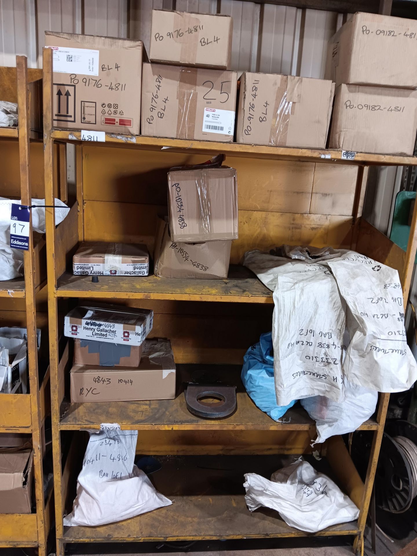 2 x Steel four tiwe shelving units with quantity of Hilti bolts, resin ...