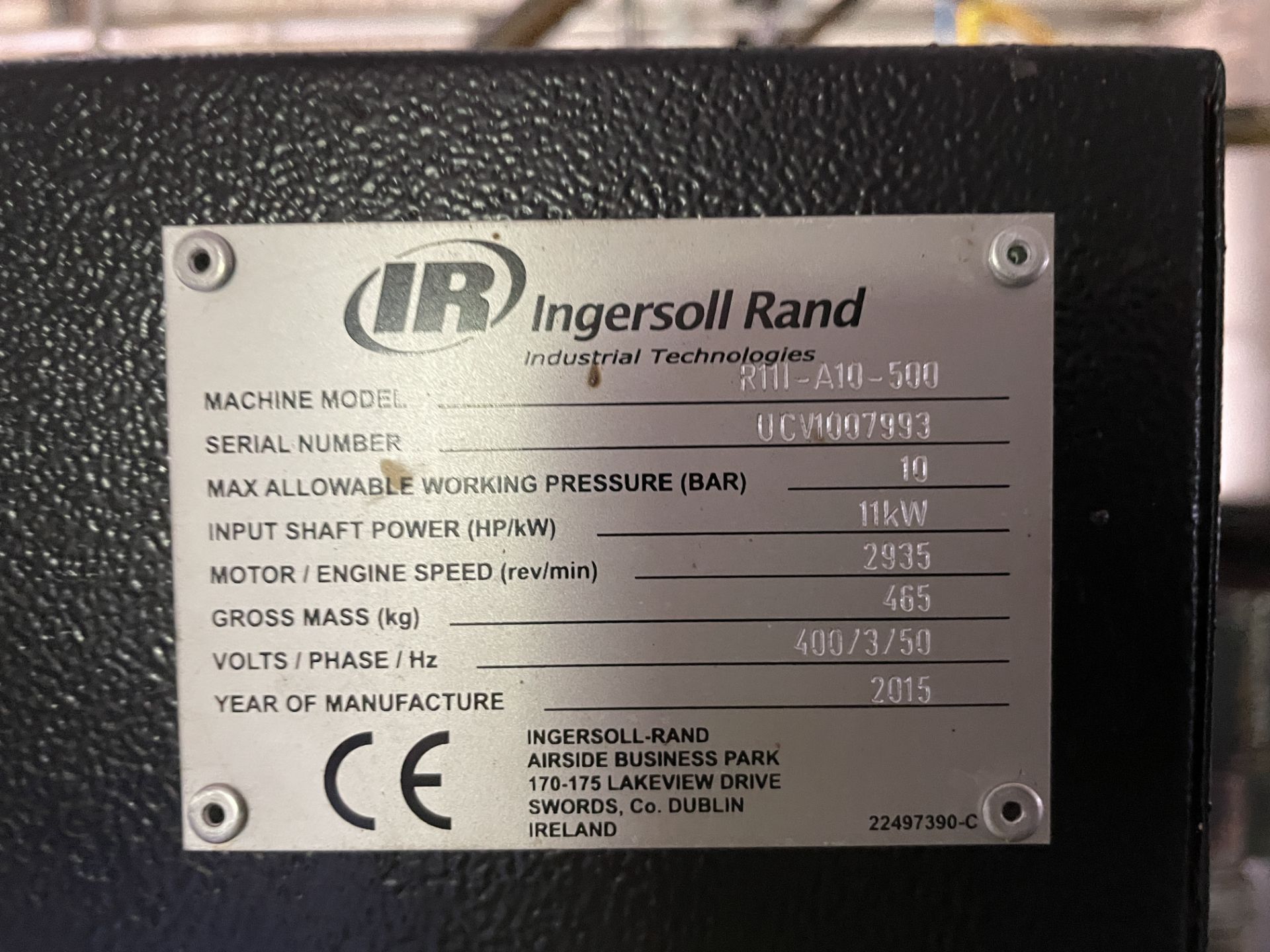 2015 Ingersoll Rand Compressor, R11i-A10-500