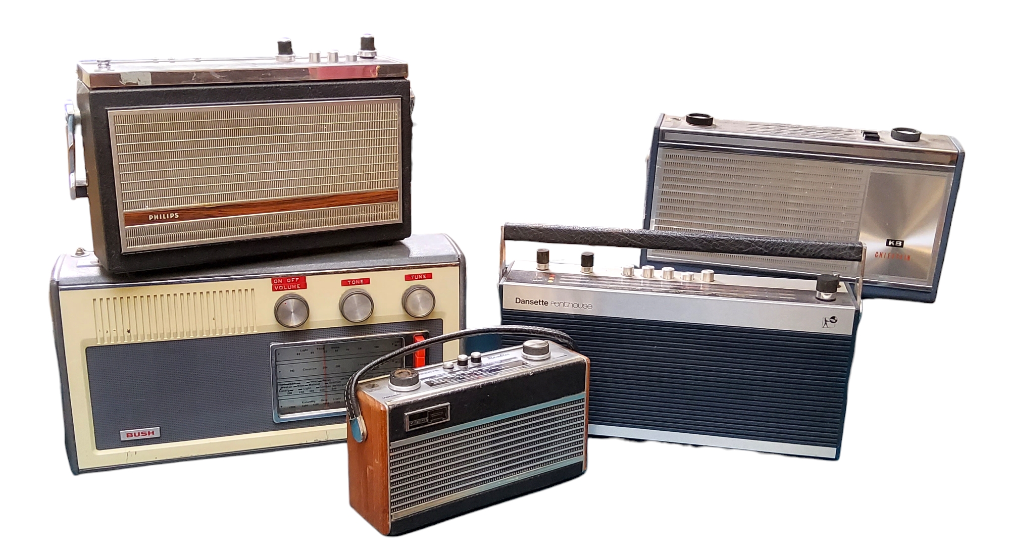 Five vintage radios including a Dansette Penthouse radio, Bush ...