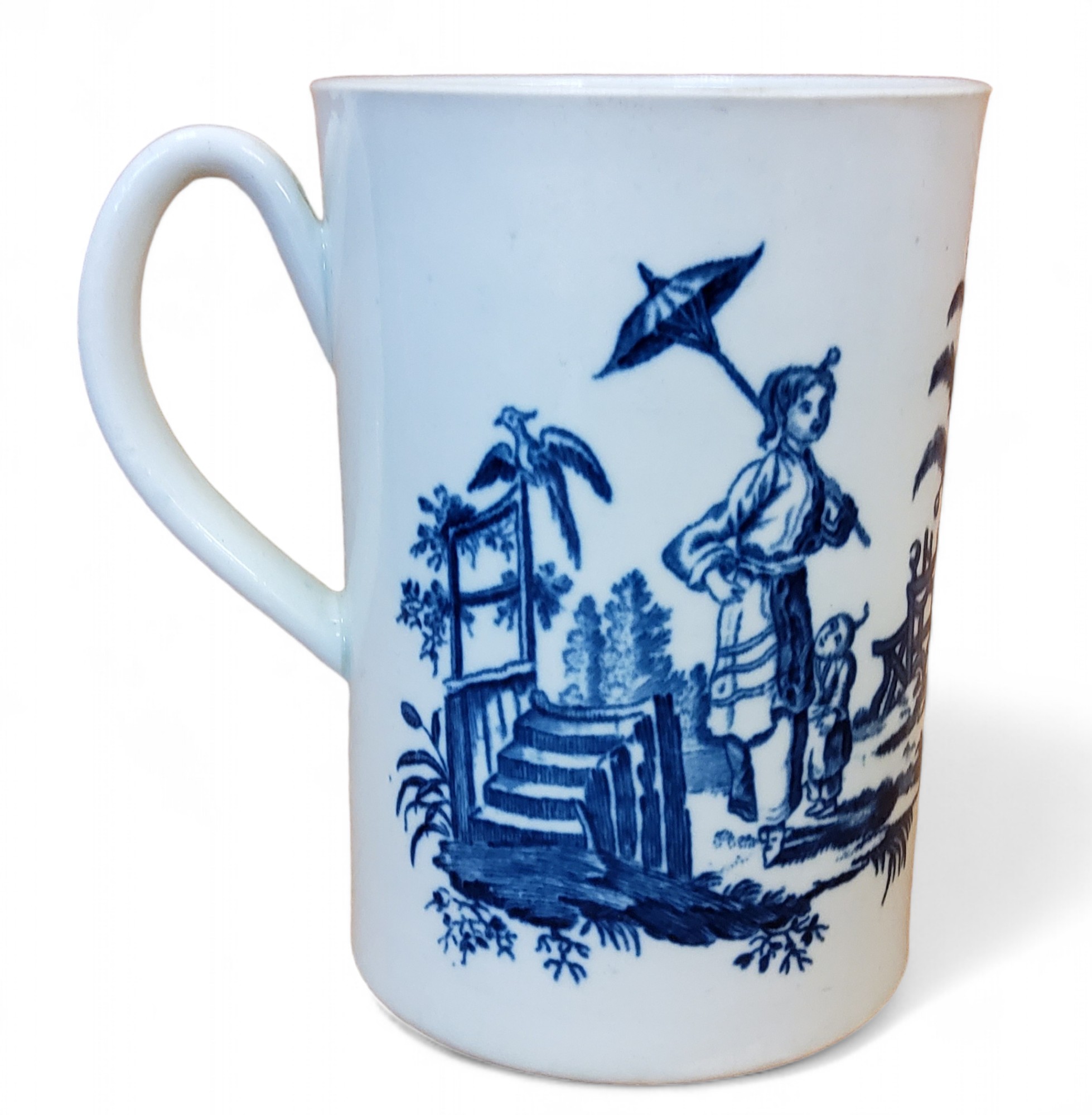 A Worcester cylindrical mug, printed in underglaze blue with La Peche ...