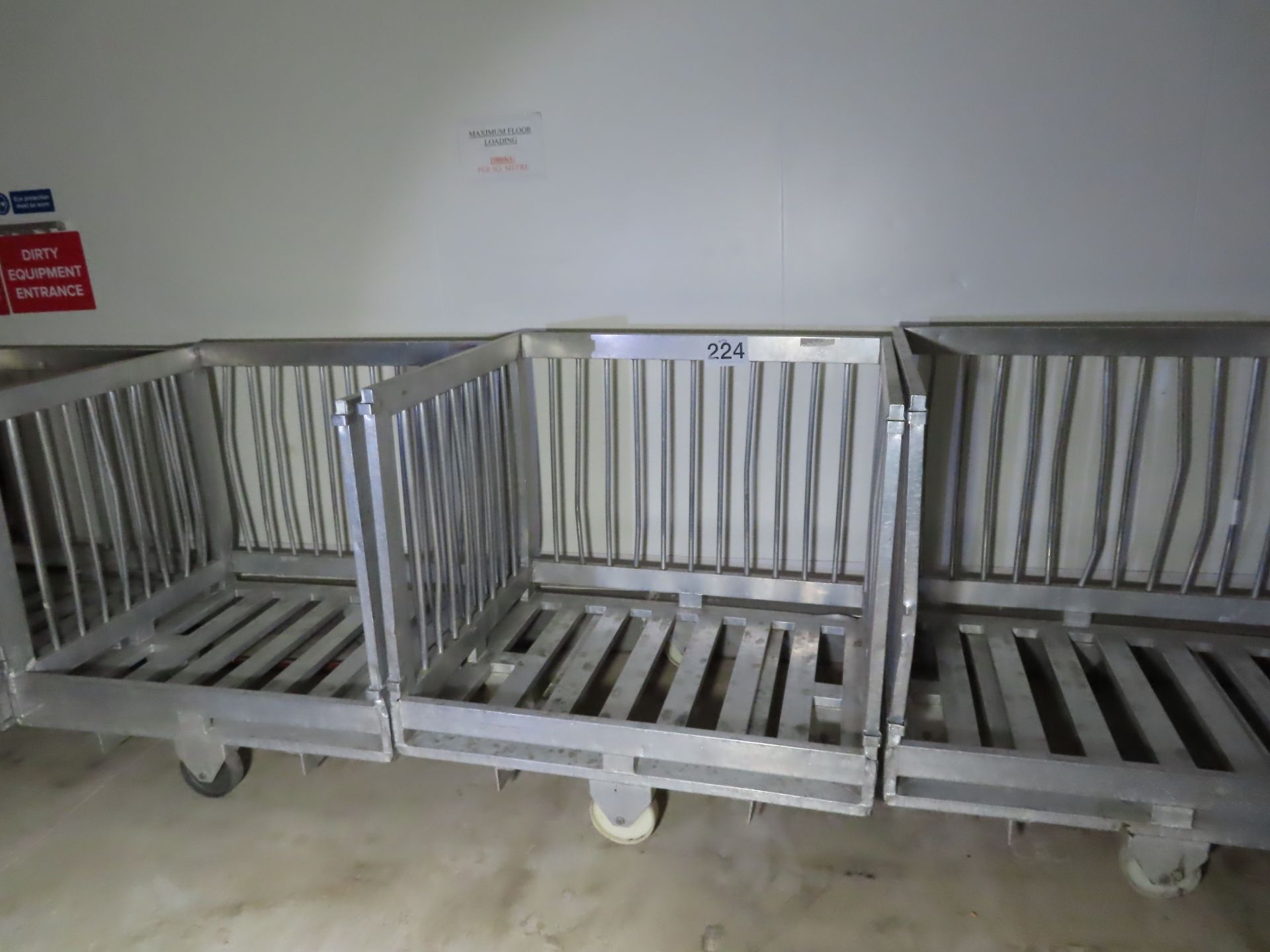 5 x Aluminium holding trolleys. Overall dims approx. 1.2 m x 1 m x 1. ...