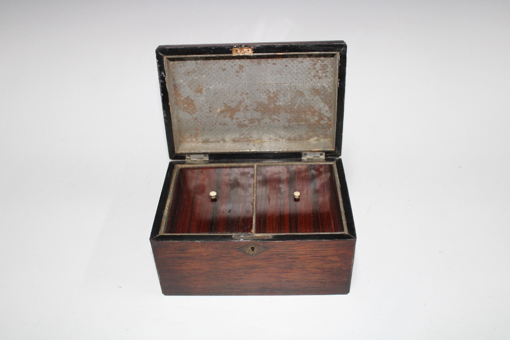 Rosewood and pewter inlaid 'Tea' caddy, hinged lid with lead lined ...