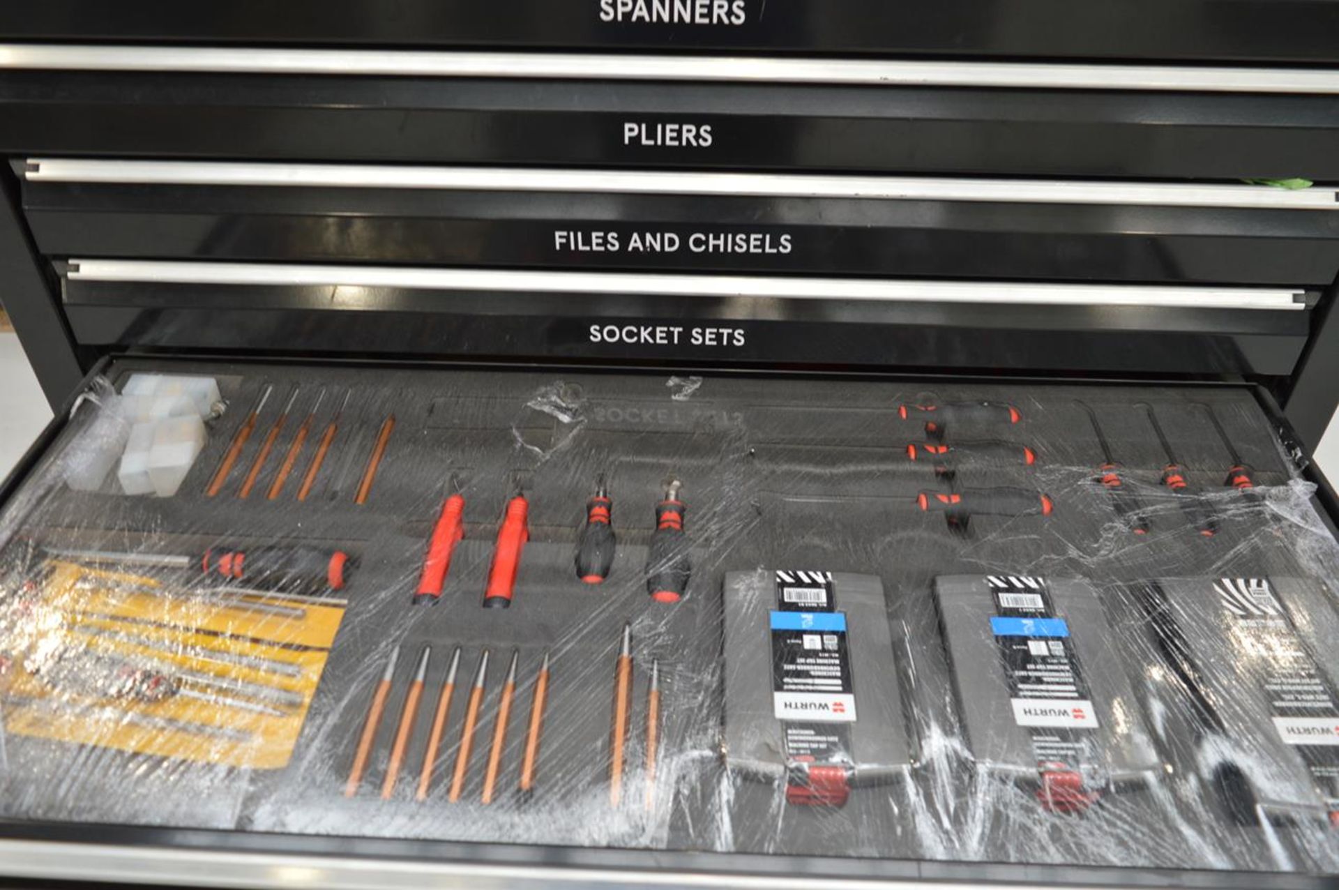 Dura, multidrawer tool chest with spanners, pliers, files and chisels ...