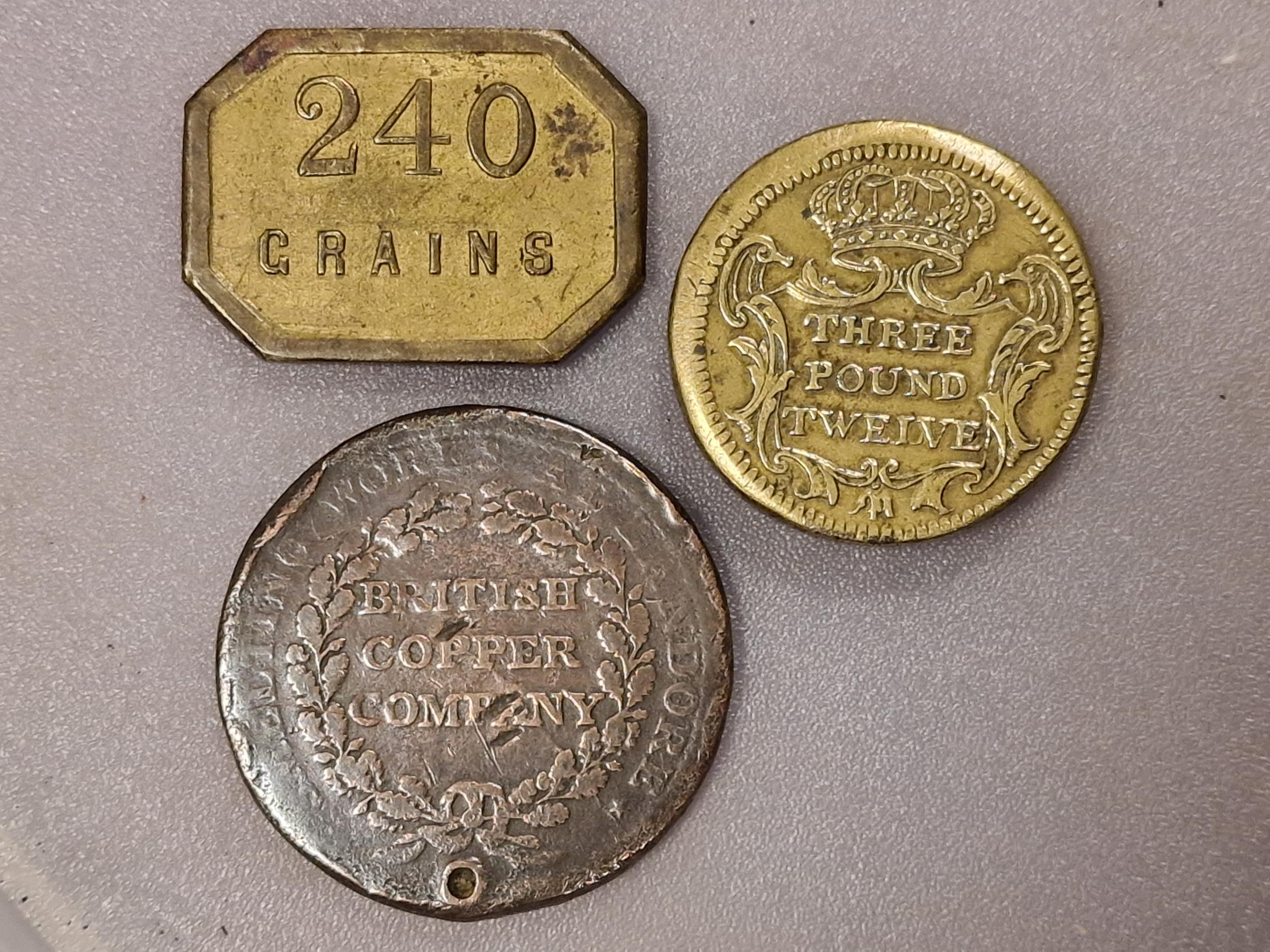 Coins - Three Pound Twelve 1747 Coin, plus Two Tokens inc Walthamstow ...