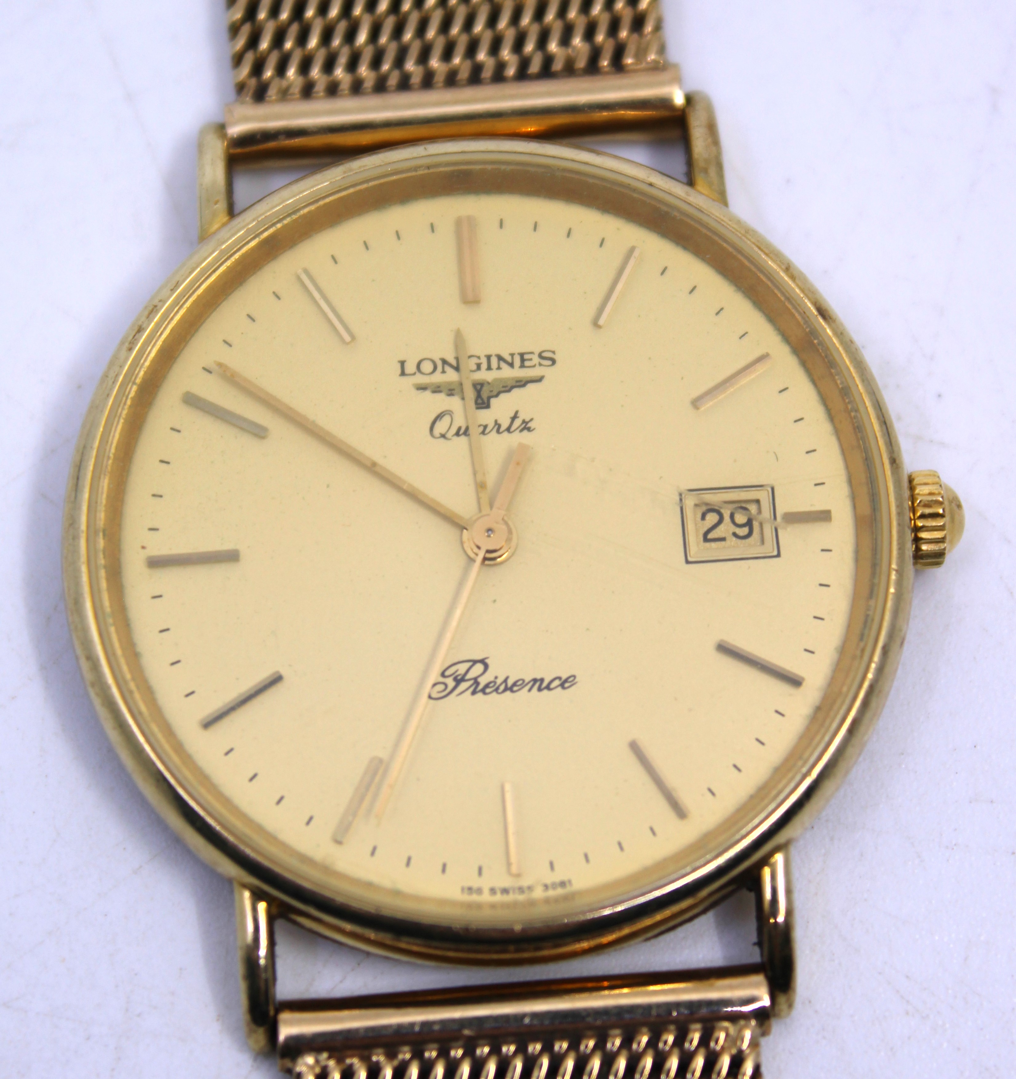Gents 9ct Yellow Gold Longines Presence Quartz Wristwatch with 9ct Gold ...