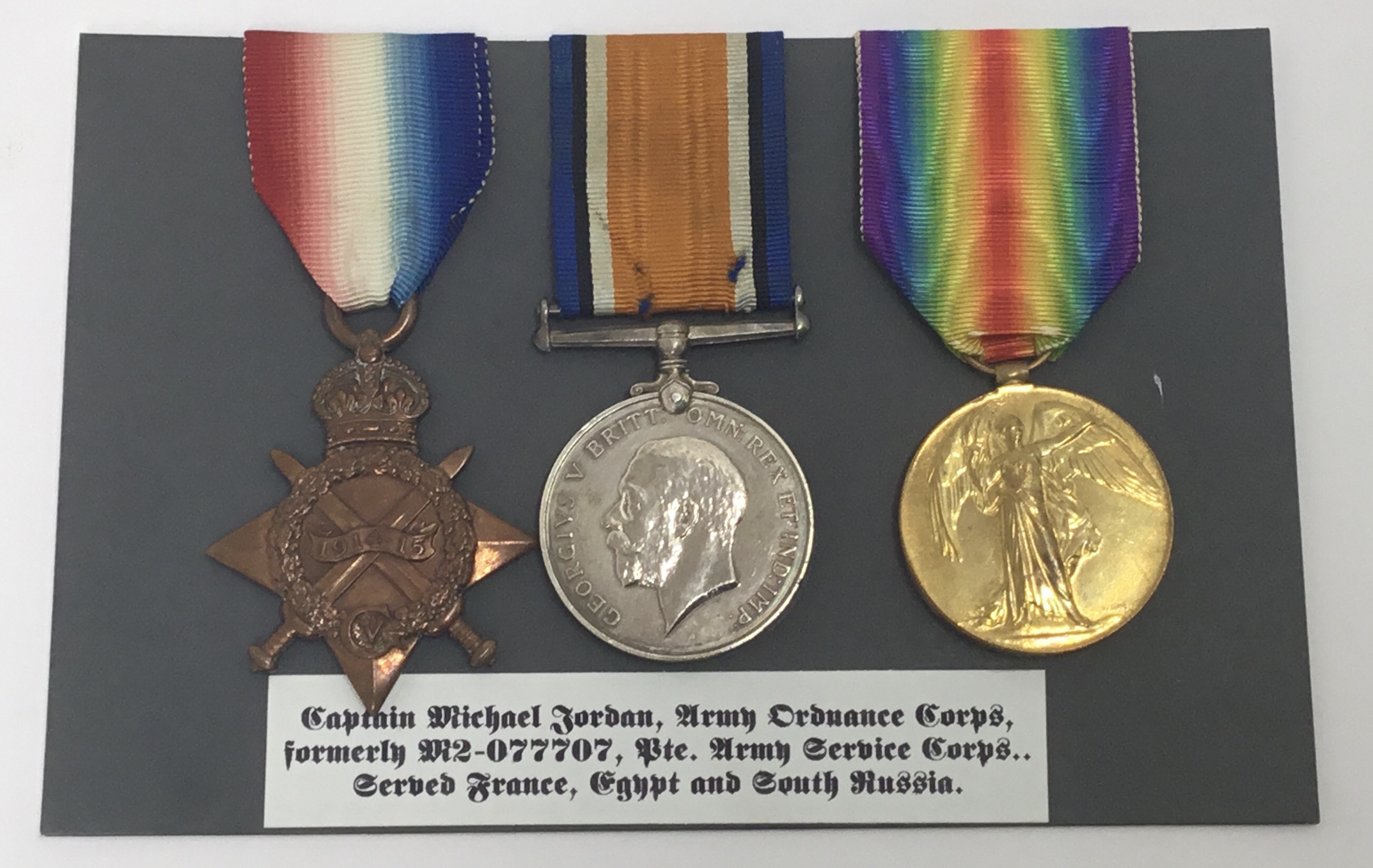 A WW1 1915 Star trio, awarded to a Captain Michael Jordon of the Royal ...