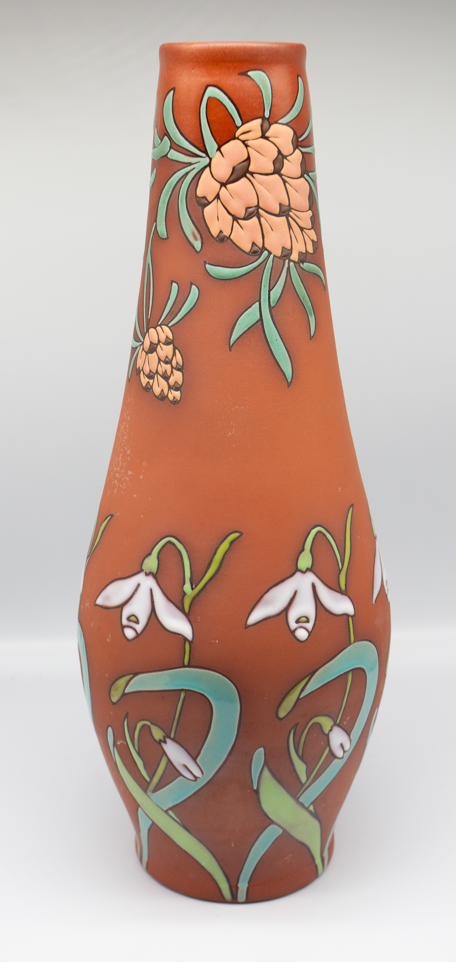 A Longchamp Terre de Fer terracotta pottery vase, the body enamelled ...