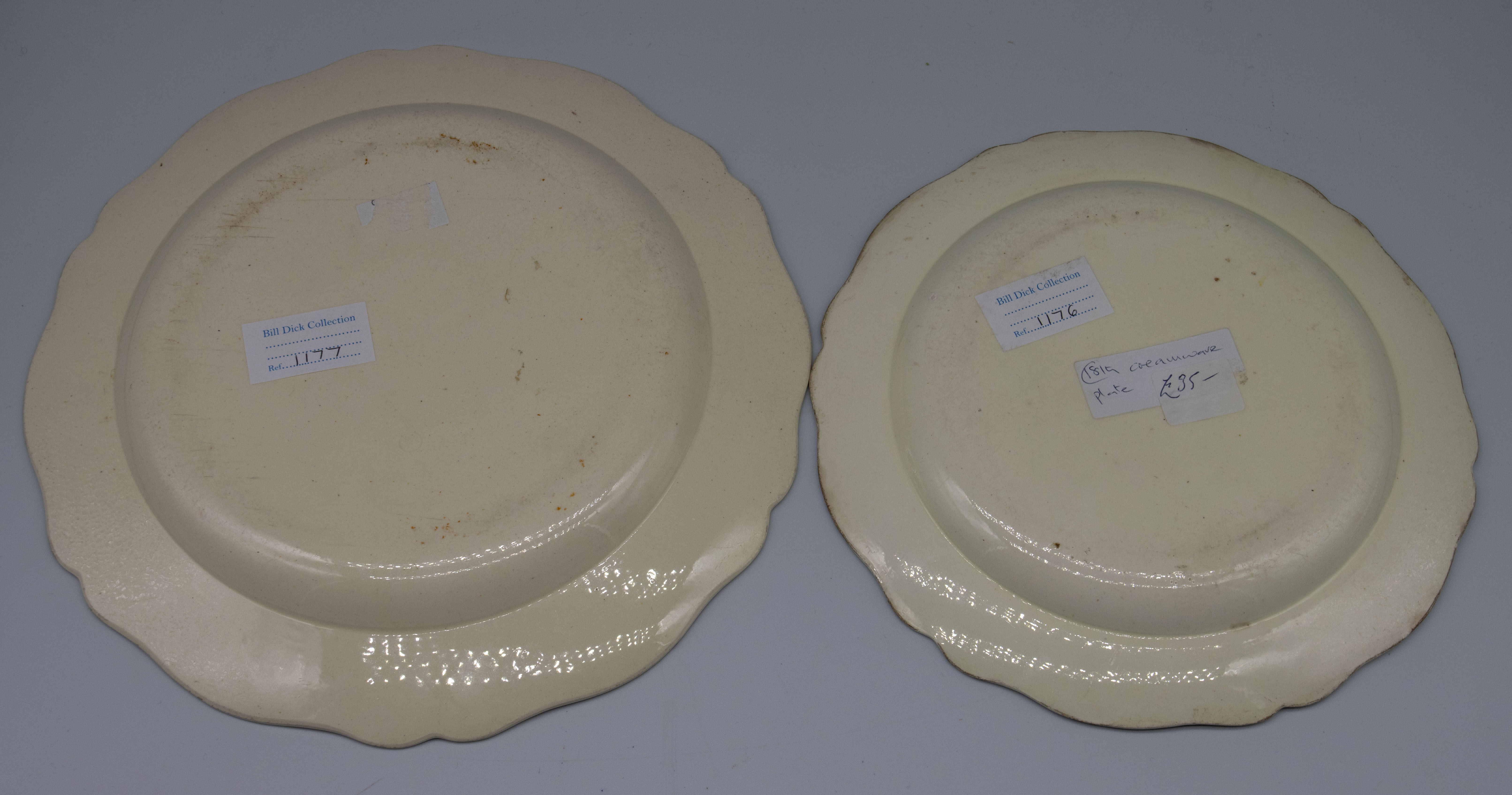Two late 18th century creamware plates, black transfer-printed with ...