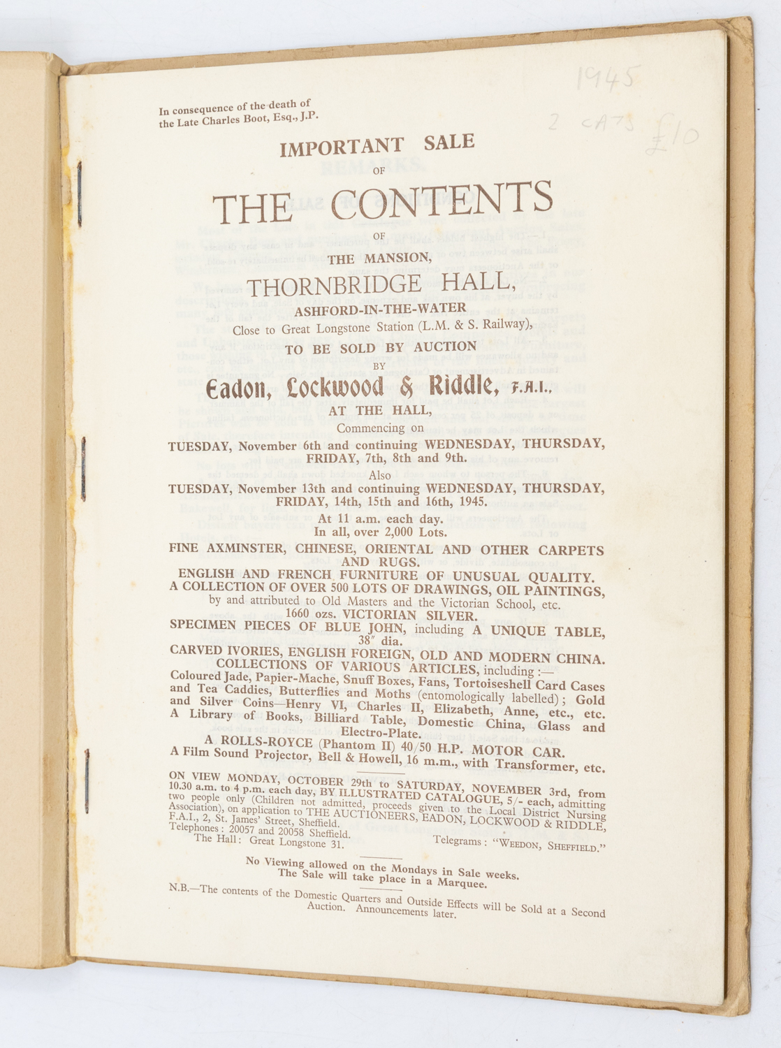 Thornbridge Hall, Ashford-in-the-Water, Derbyshire: 2 auction ...