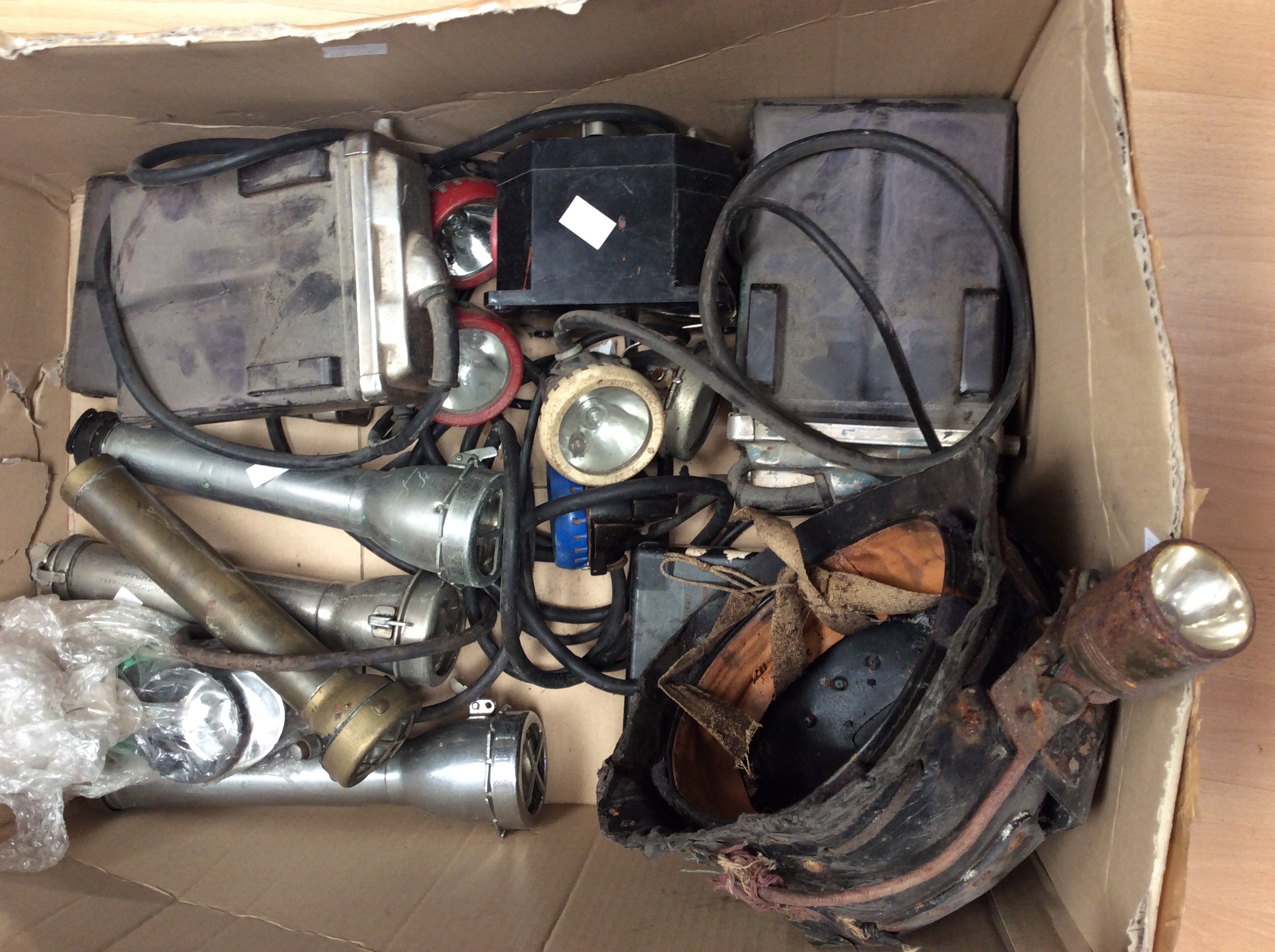 Mining ephemera interest:- Collection of vintage miners torches, helmet ...