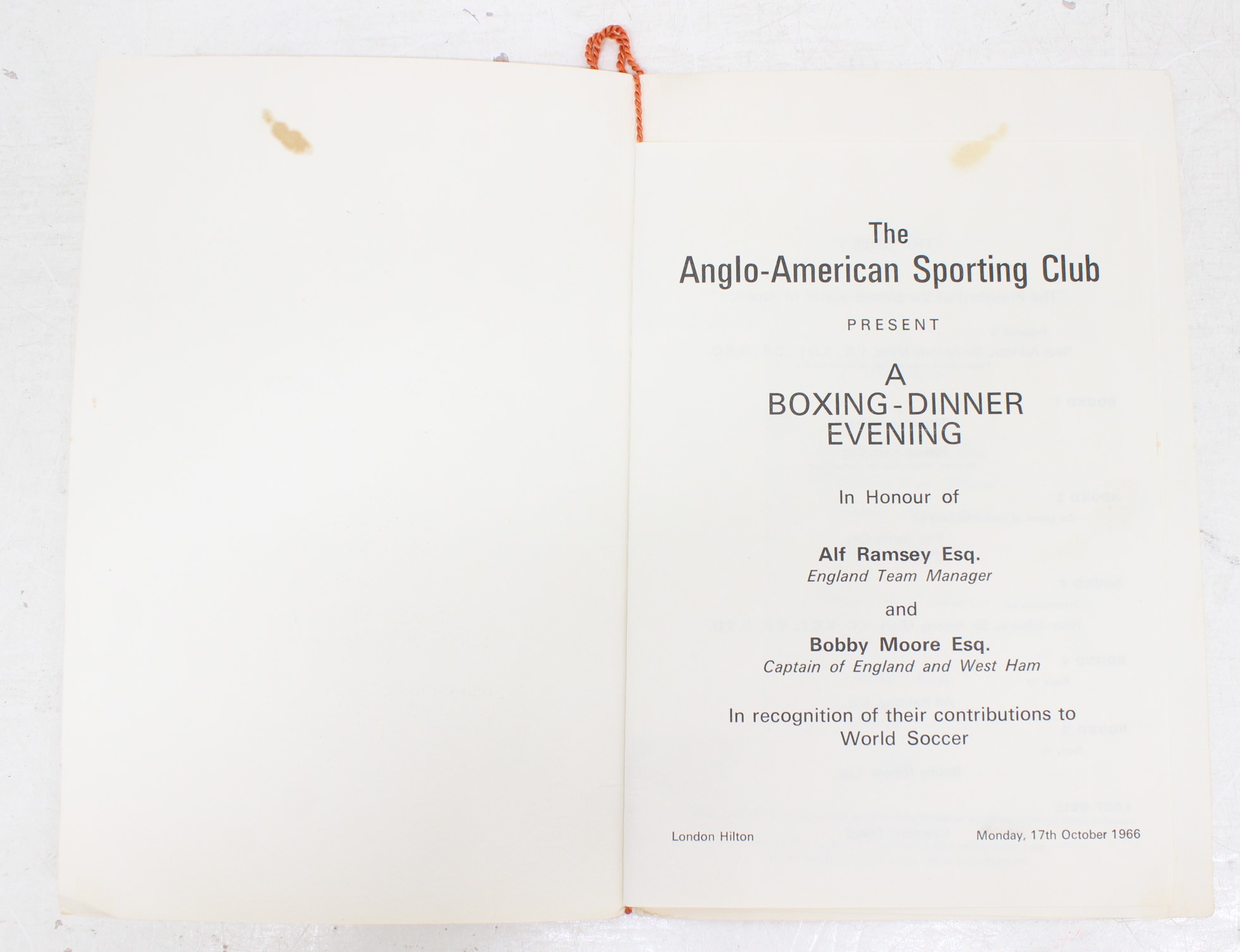 Football: A signed Anglo-American Sporting Club Menu, 17th October 1966 ...