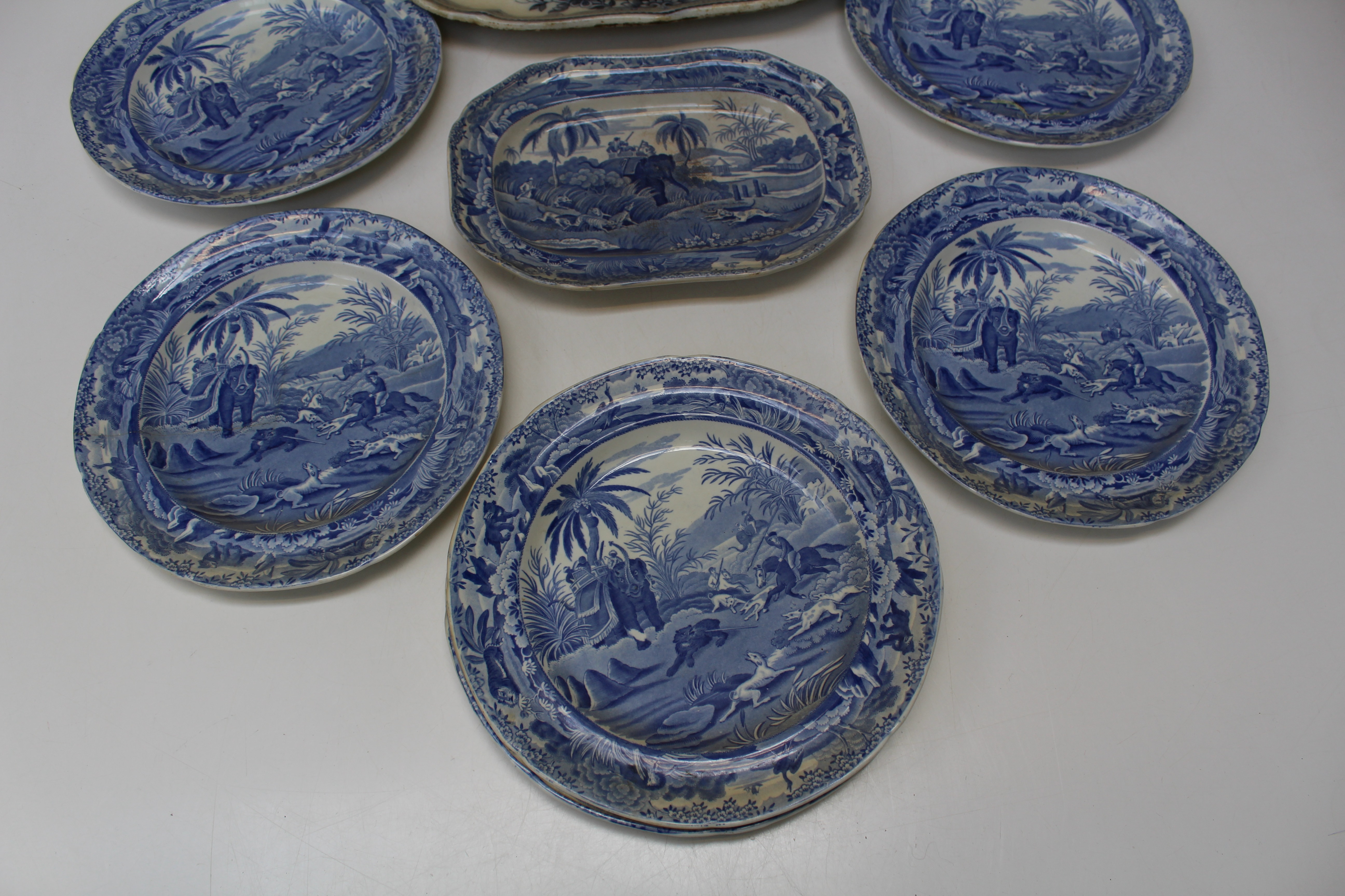 Seven early 19th century Spode Death of the Bear, 25cm dimeter plates ...