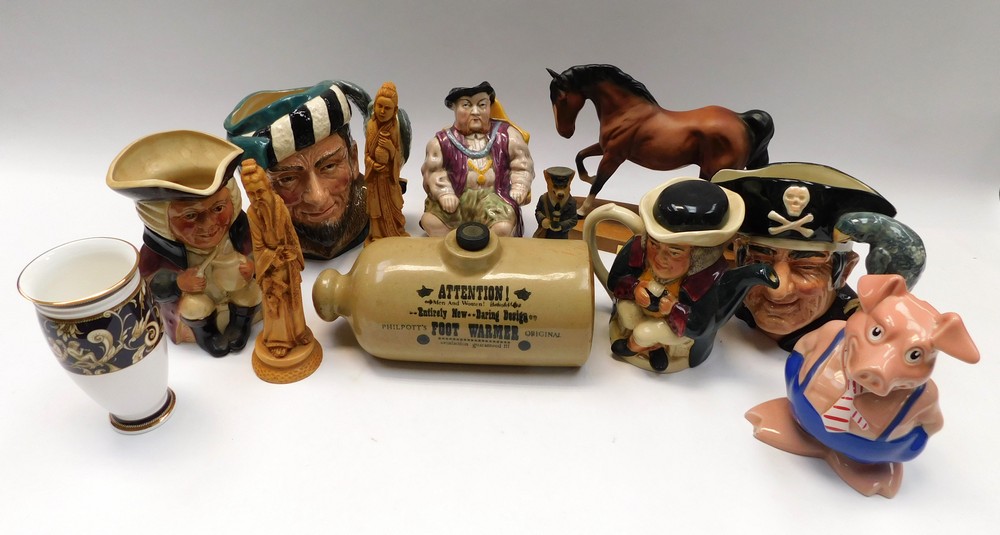 A collection of Royal Doulton character jugs, Beswick horse, Natwest ...