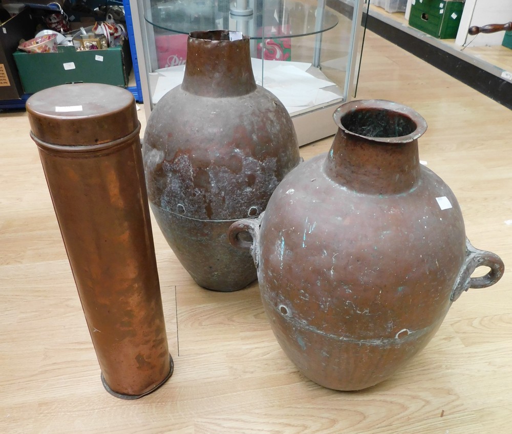 A pair of 18th Century brass/bronze containers with studded body, two ...