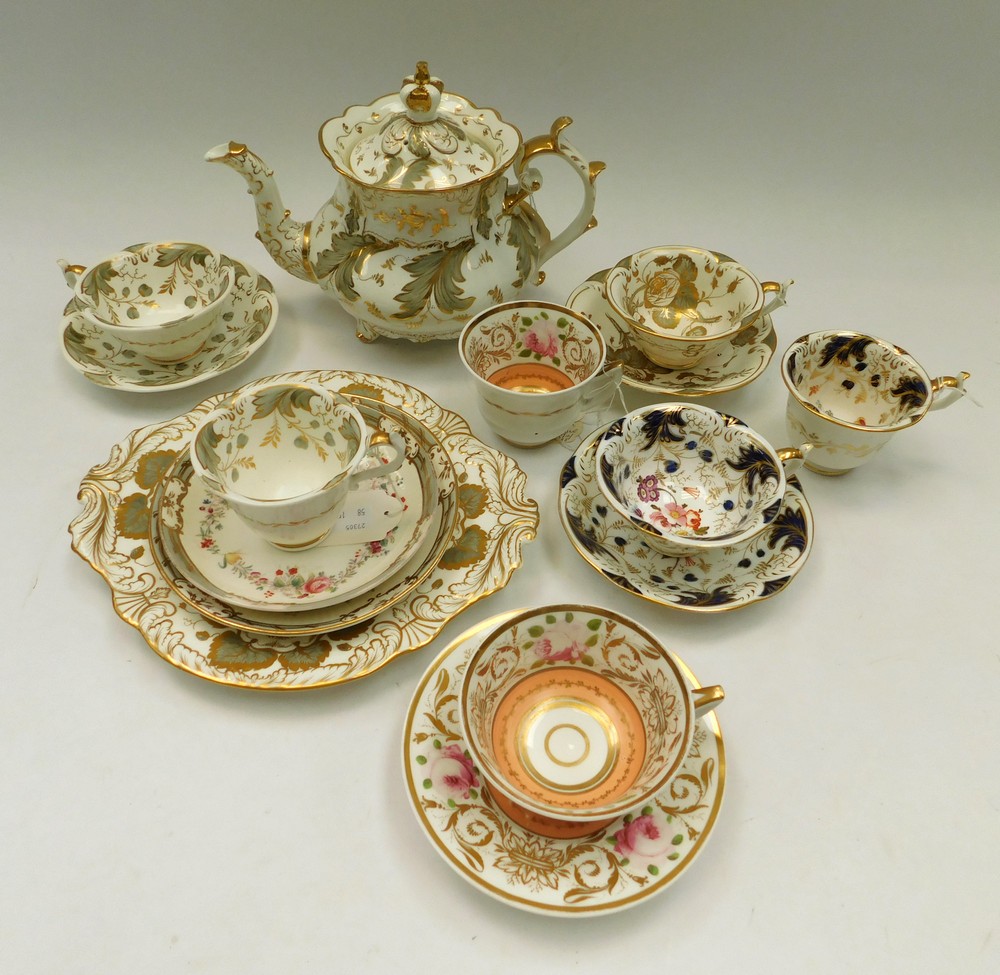 A small collection of Rockingham porcelain to include three trios ...