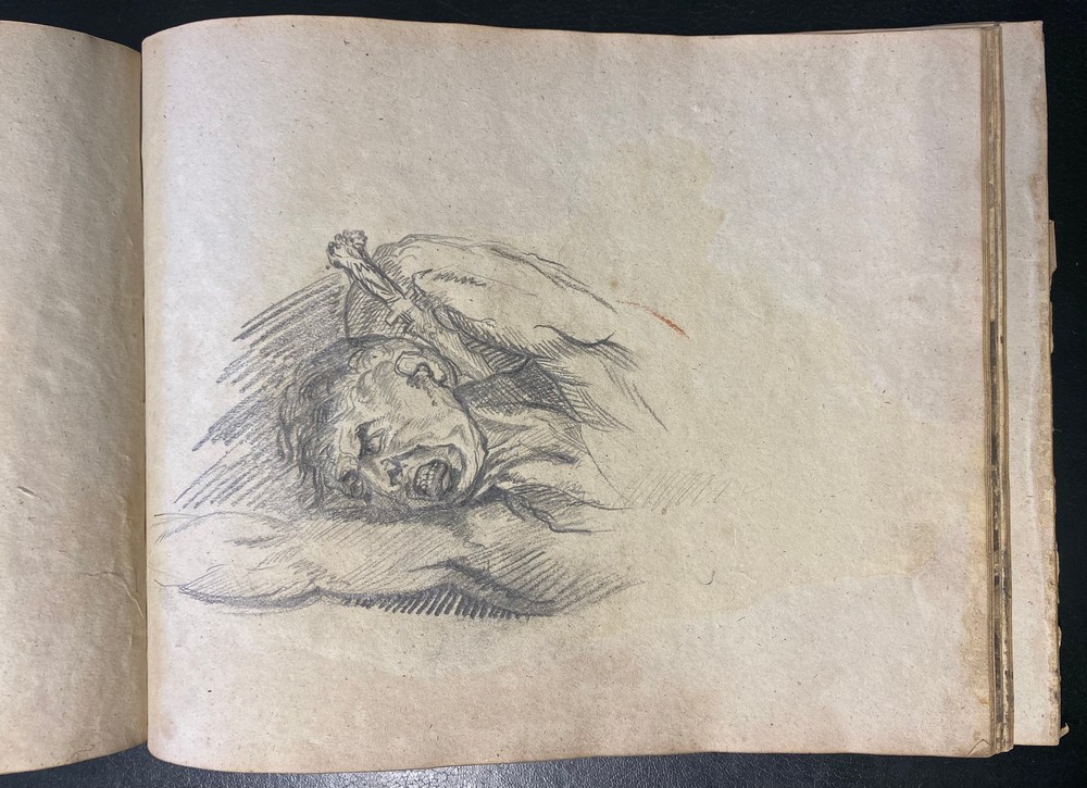 Luddism. A manuscript album featuring an illustration of someone being ...