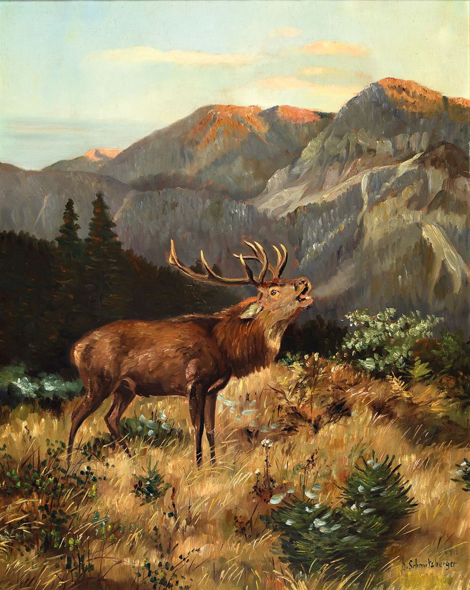 Josef Schmitzberger, 1851 - 1936, röhrender Hirsch in Berglandschaft ...