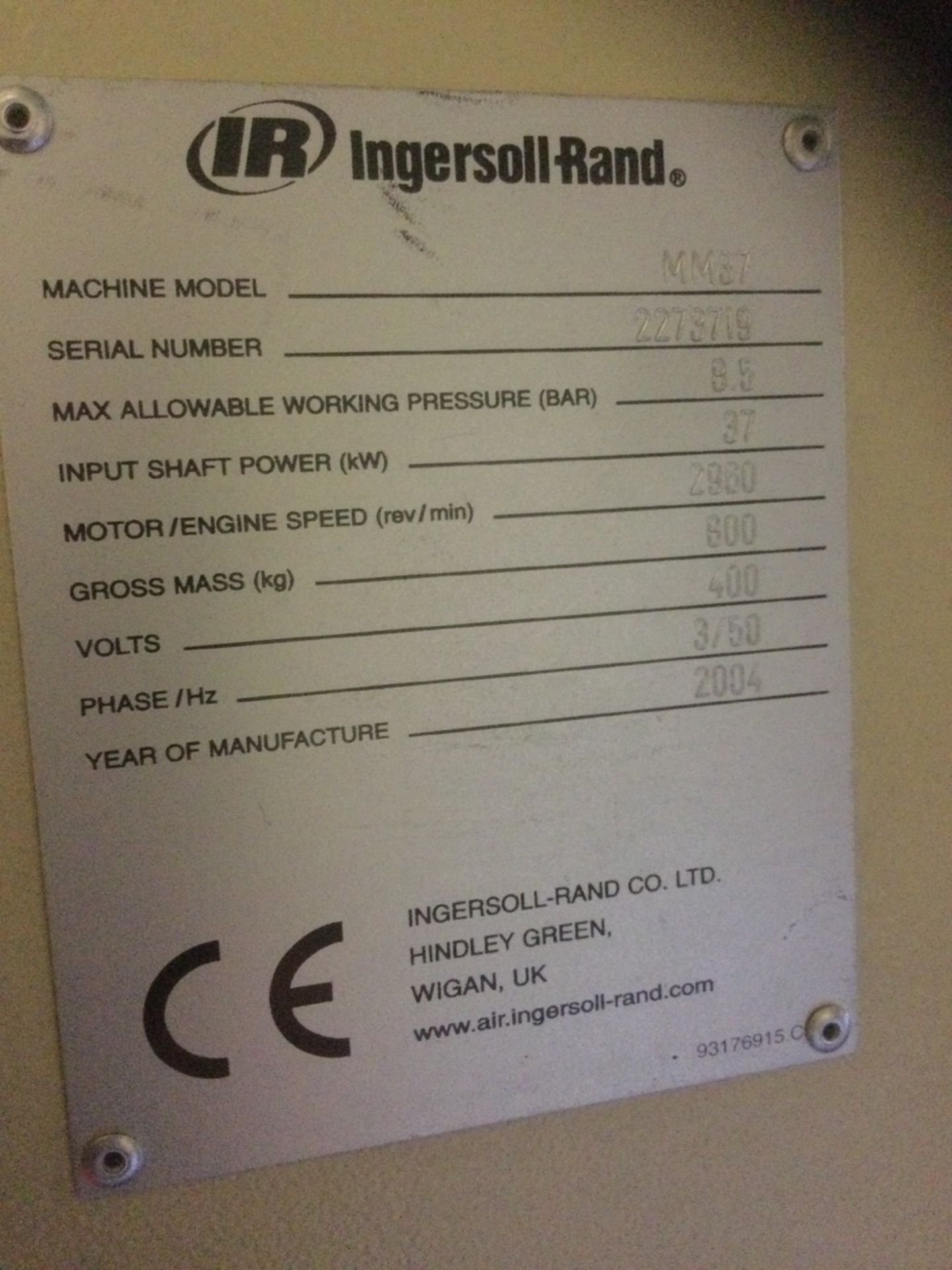 Ingersol Rand MM37 Enclosed Air Compressor, 37kw Rated, serial number ...
